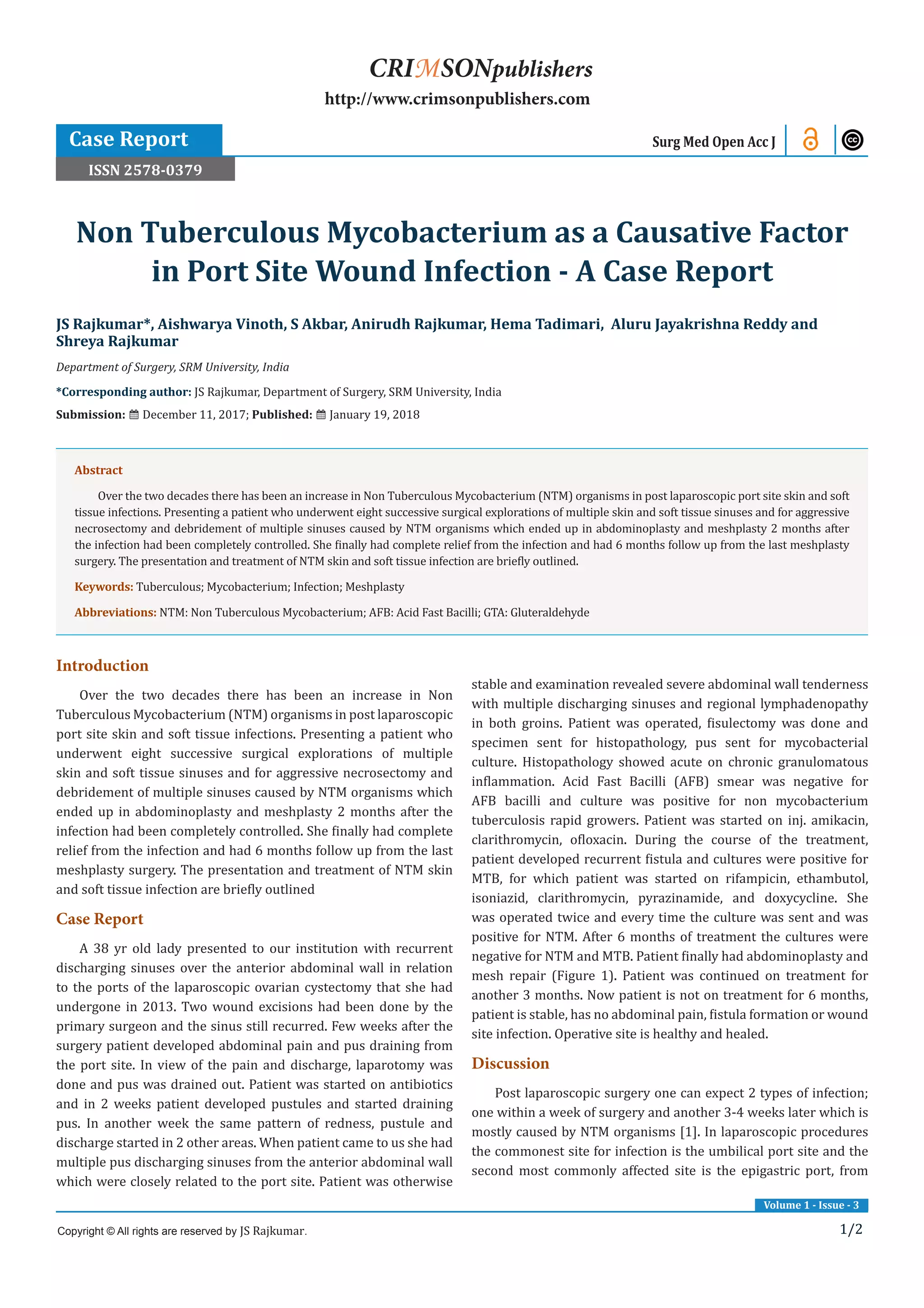Non Tuberculous Mycobacterium as a Causative Factor in Port Site Wound ...