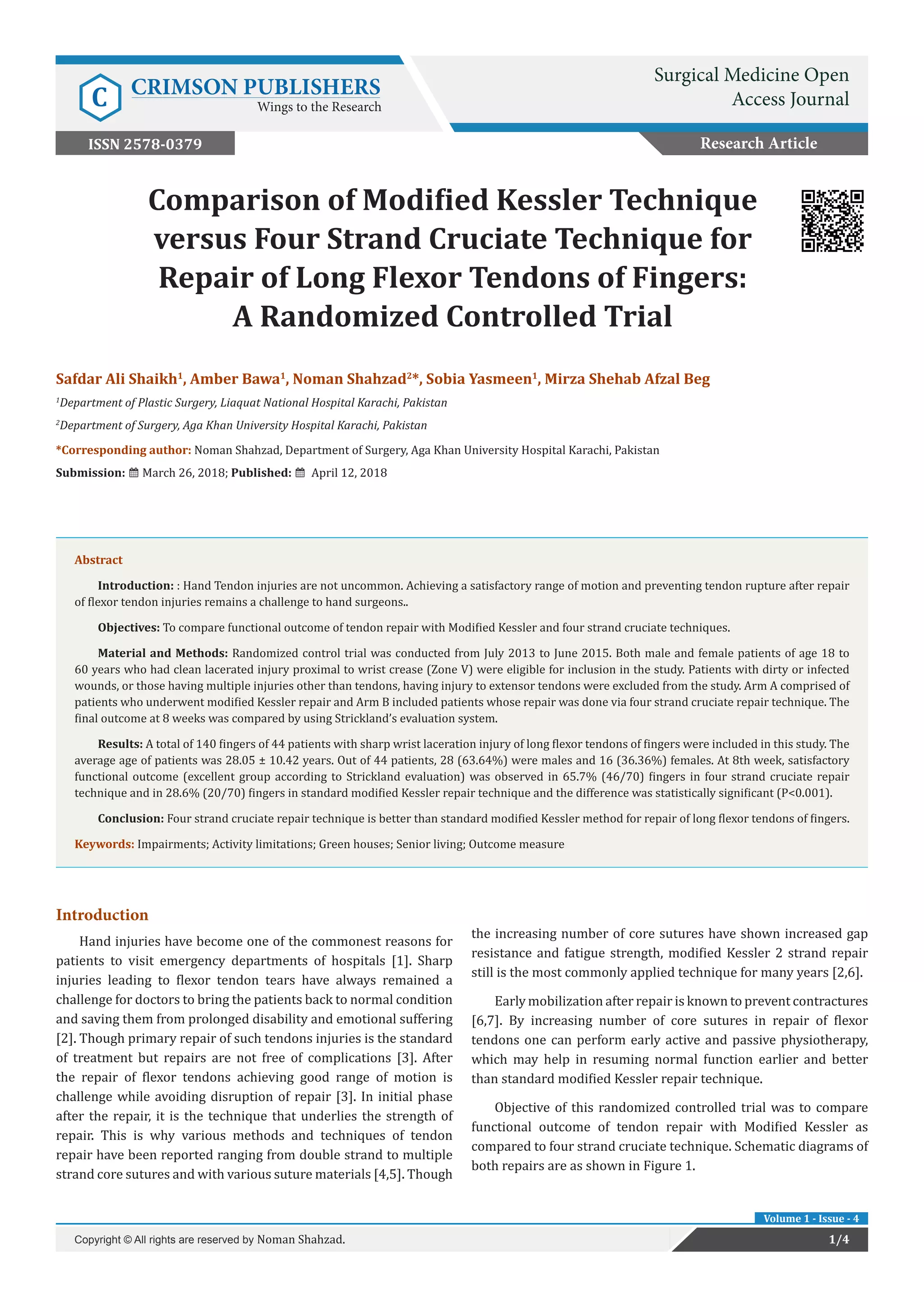 Comparison of Modified Kessler Technique versus Four Strand Cruciate ...