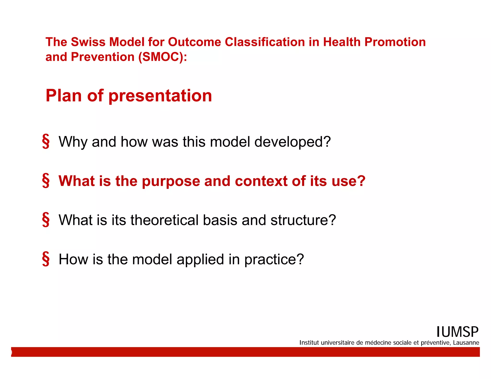 Framework for Evaluating Health Promotion projects: The Swiss Model for ...