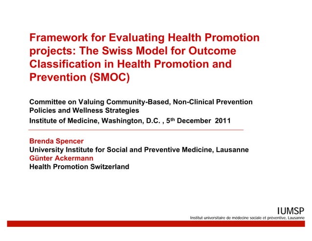 Framework for Evaluating Health Promotion projects: The Swiss Model for ...
