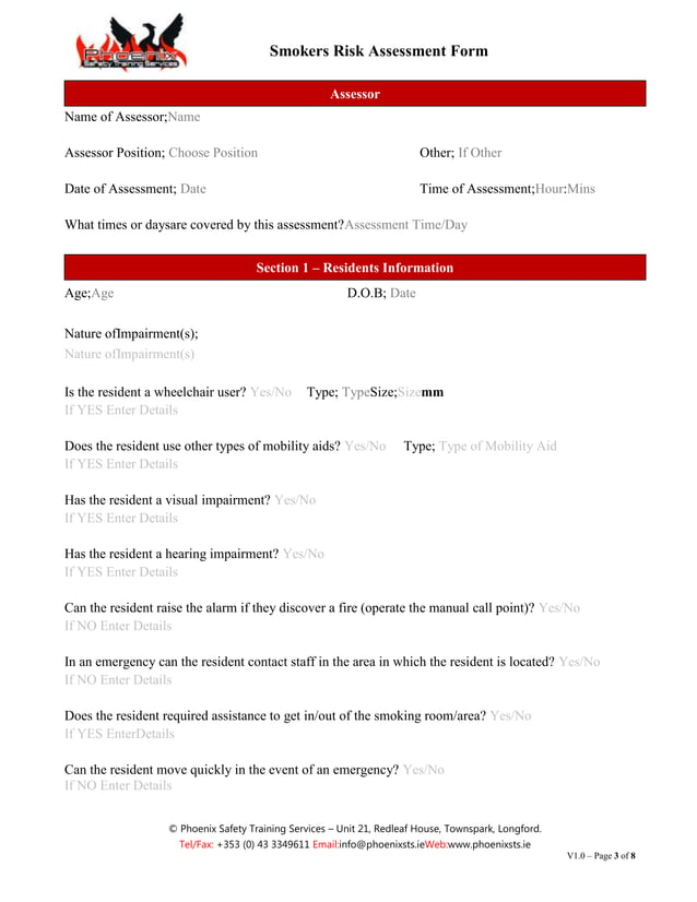 Smokers risk assessment form v 1.0.docx.docx | Smoking Cessation | Wellness