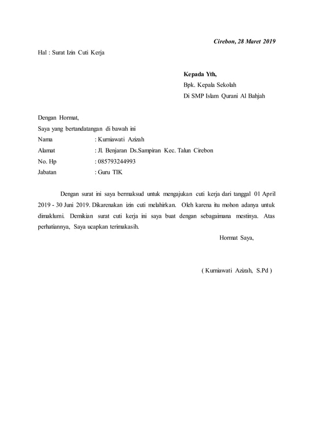 Smp surat izin cuti melahirkan | DOCX