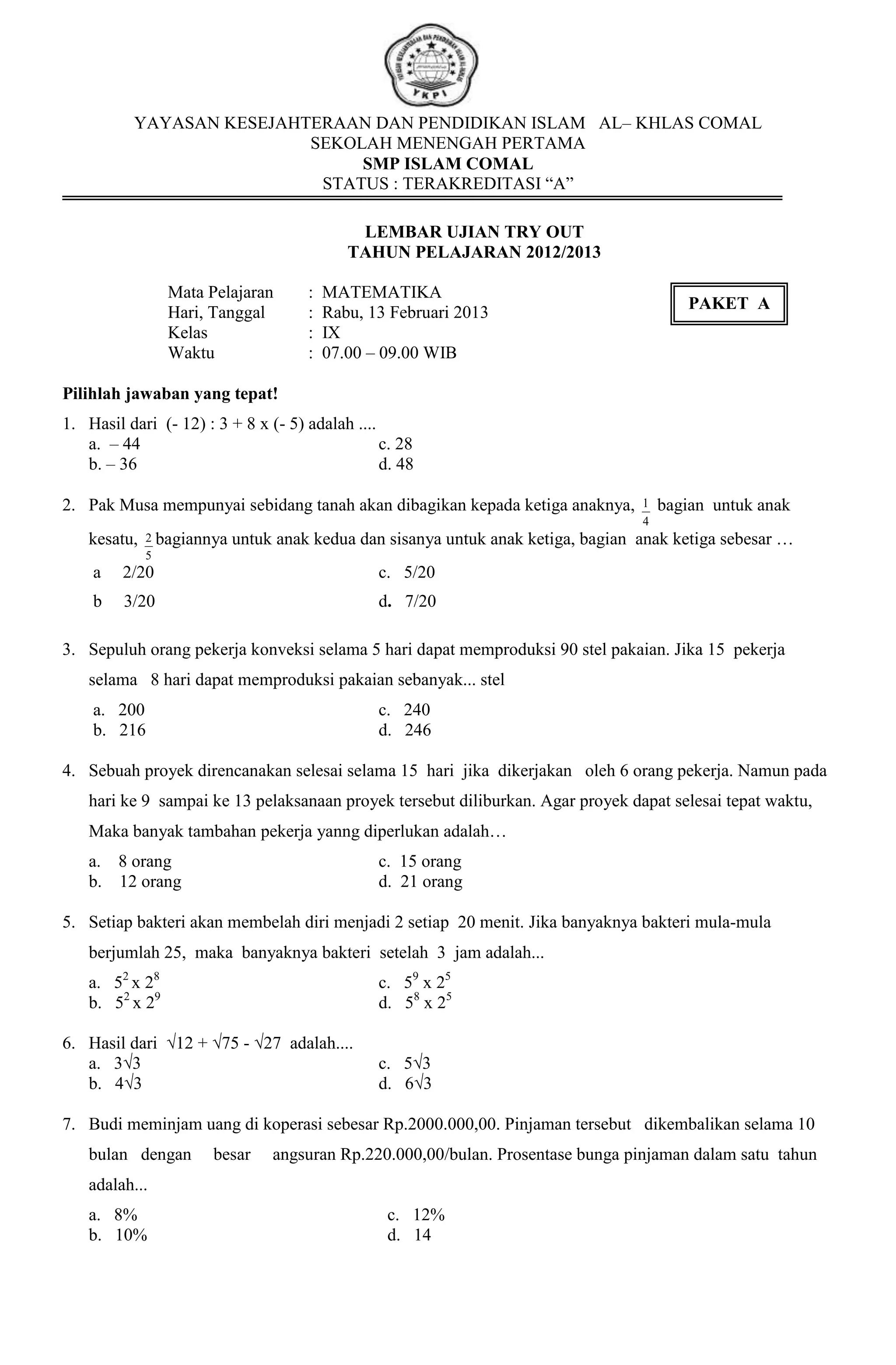 Latihan soal Matematika UN 2013 Paket 2 | PDF