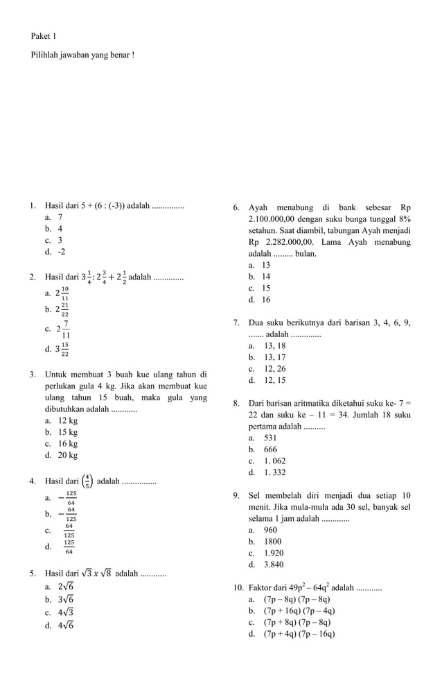 Latihan soal Matematika UN 2013 Paket 16 | DOCX