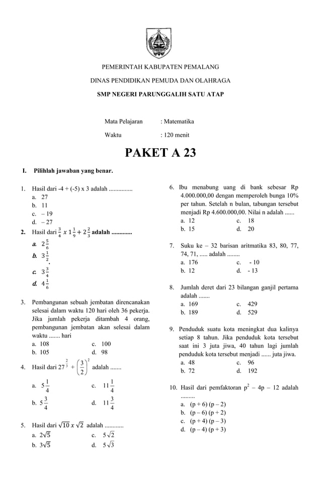 Latihan soal Matematika UN 2013 Paket 16 | DOCX