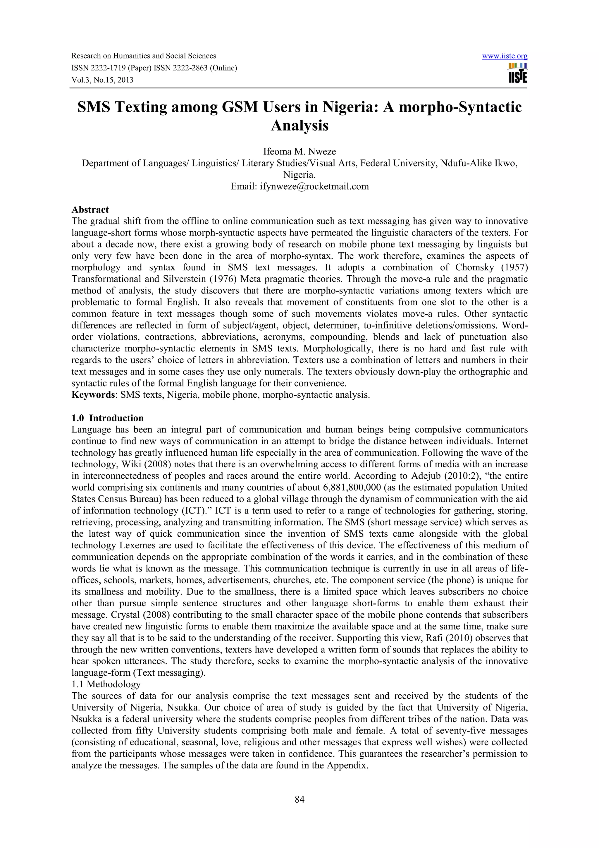Sms texting among gsm users in nigeria a morpho-syntactic analysis | PDF