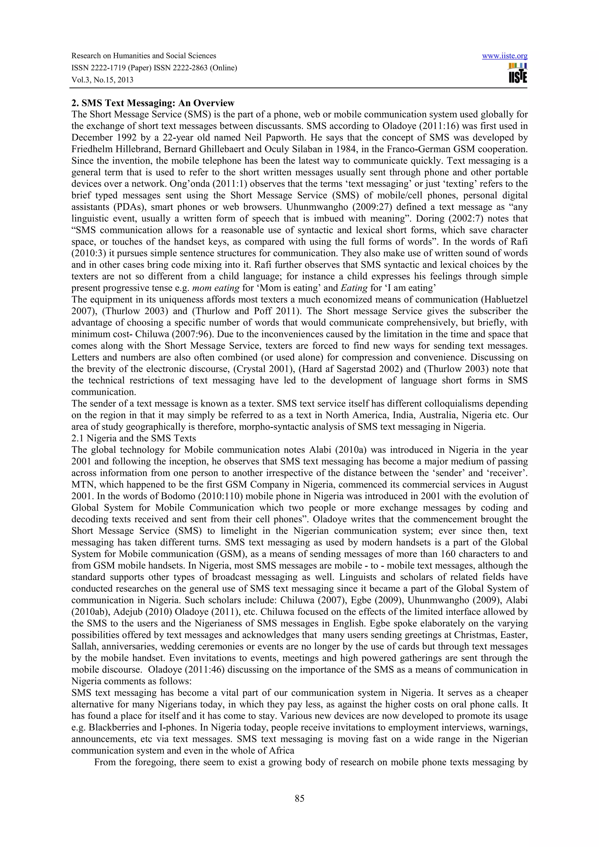 Sms texting among gsm users in nigeria a morpho-syntactic analysis | PDF
