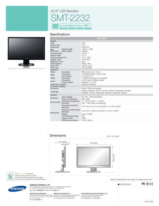 Samsung Techwin SMT-2232 Data Sheet | PDF | Computer Peripherals | Computing