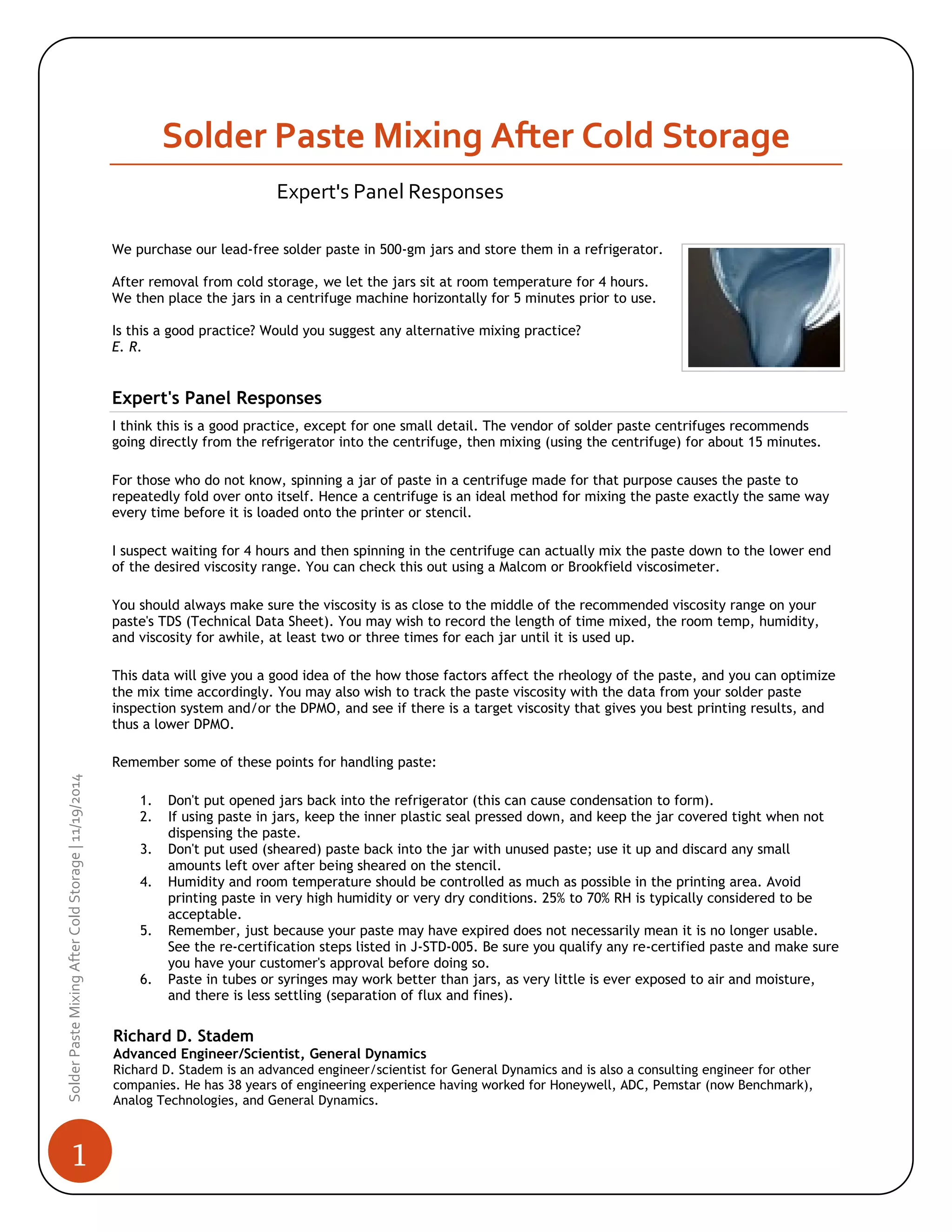 SMT - Solder Paste mixing after Cold Storage | PDF