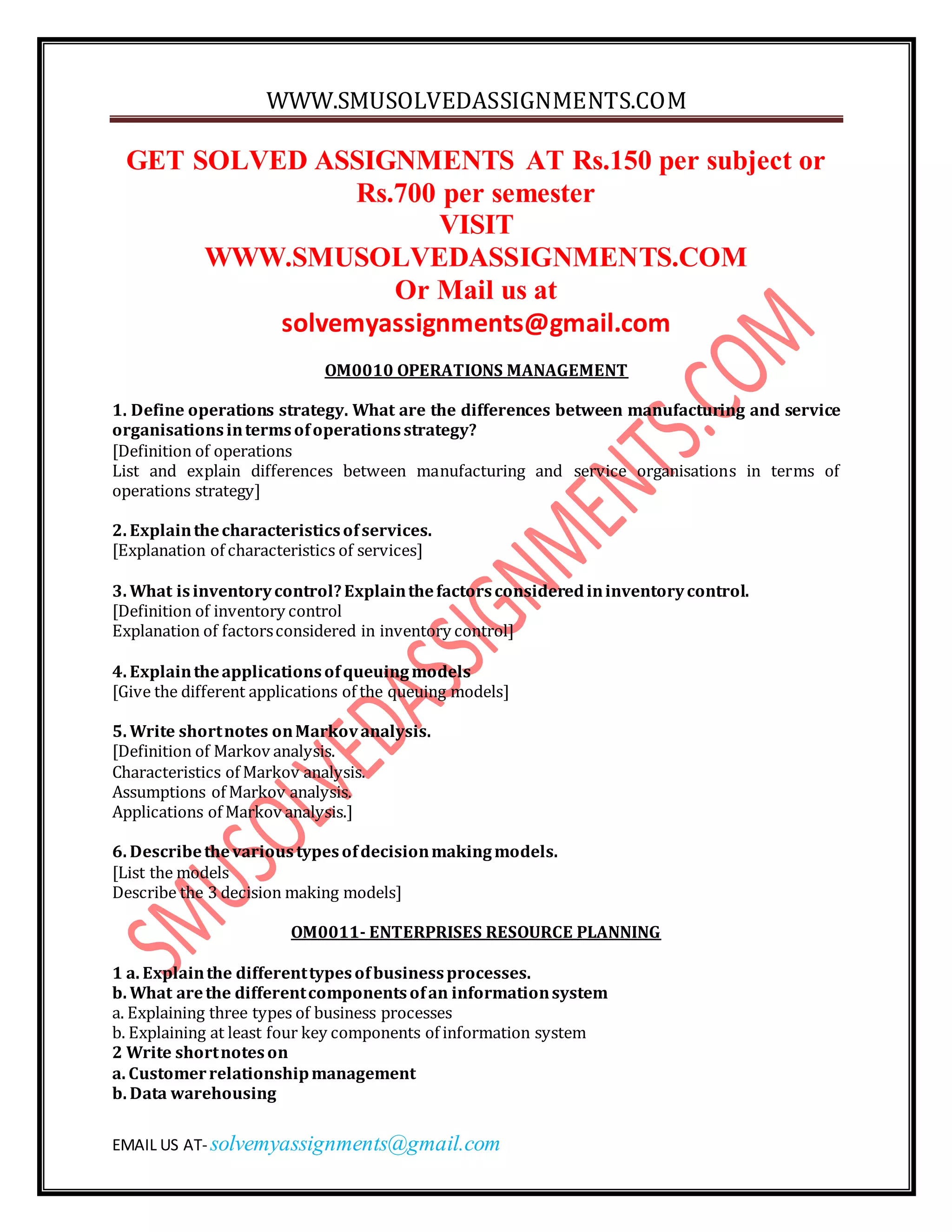 Smu mba sem 3 om fall 2014 assignments | DOCX