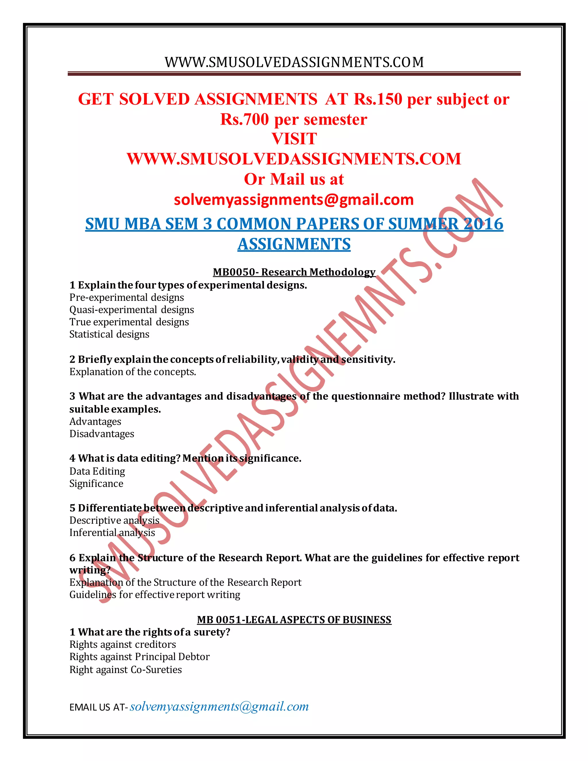 Smu mba sem 3 common papers summer 2016 assignments | PDF