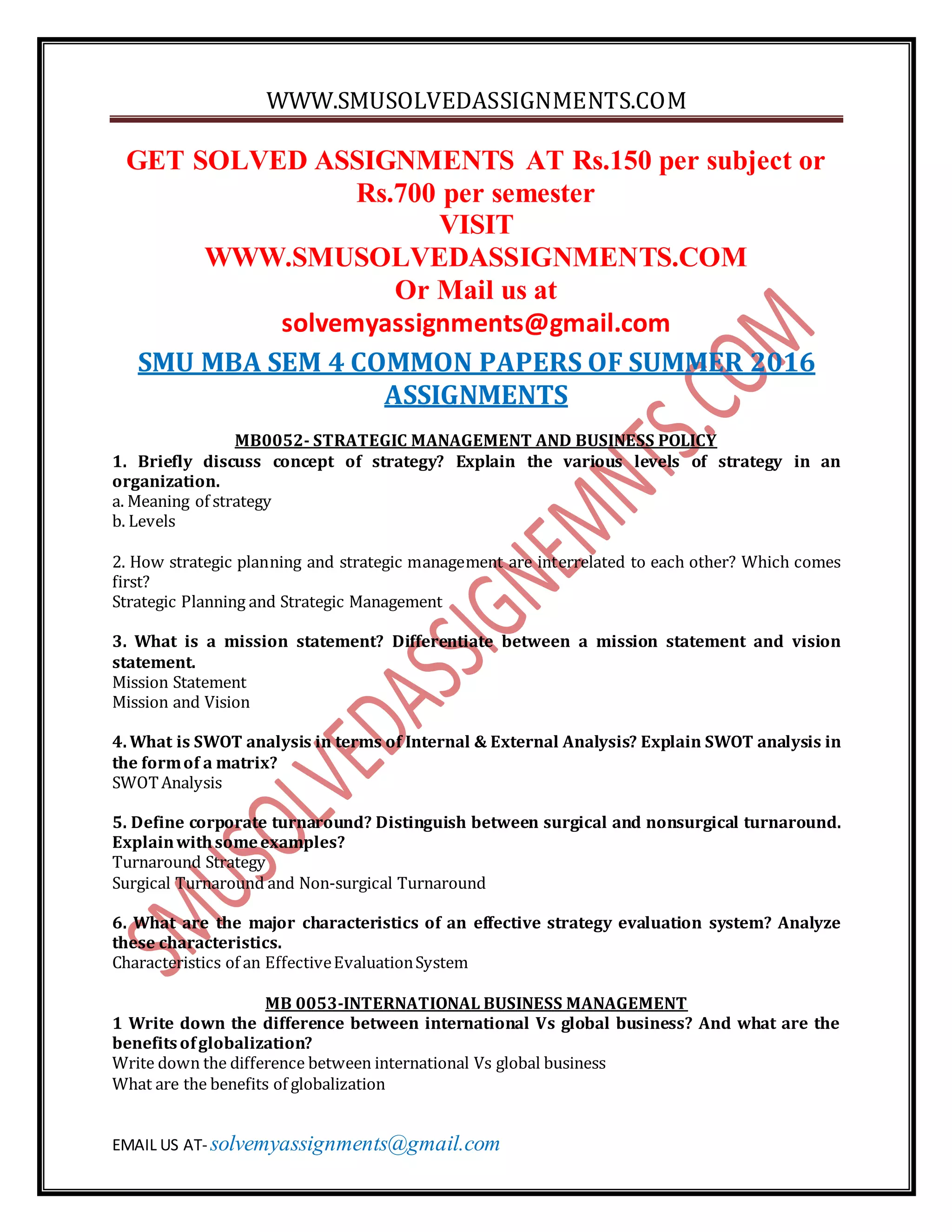 Smu mba sem 4 common papers summer 2016 assignments | DOCX