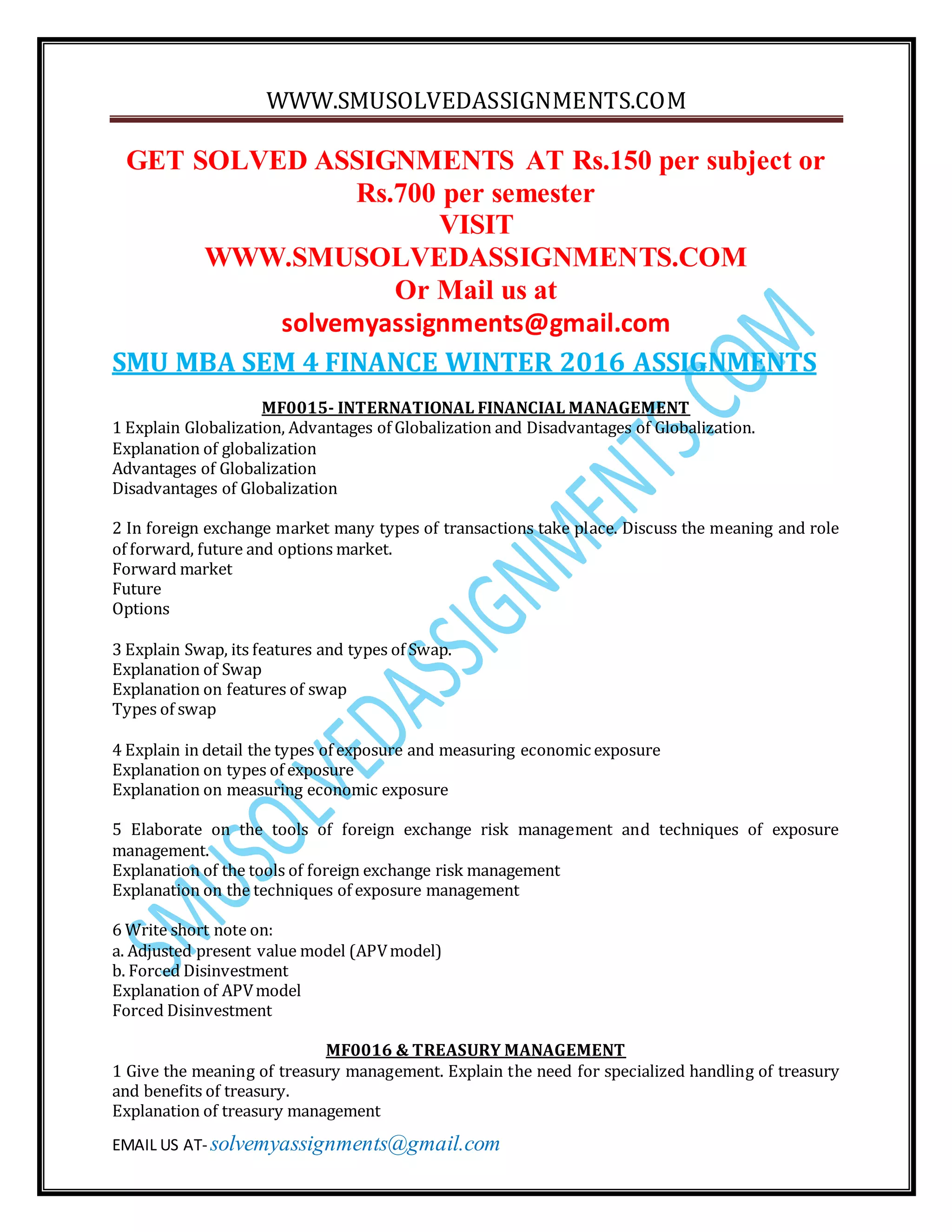 Smu mba sem 4 finance winter 2016 assignments | DOCX