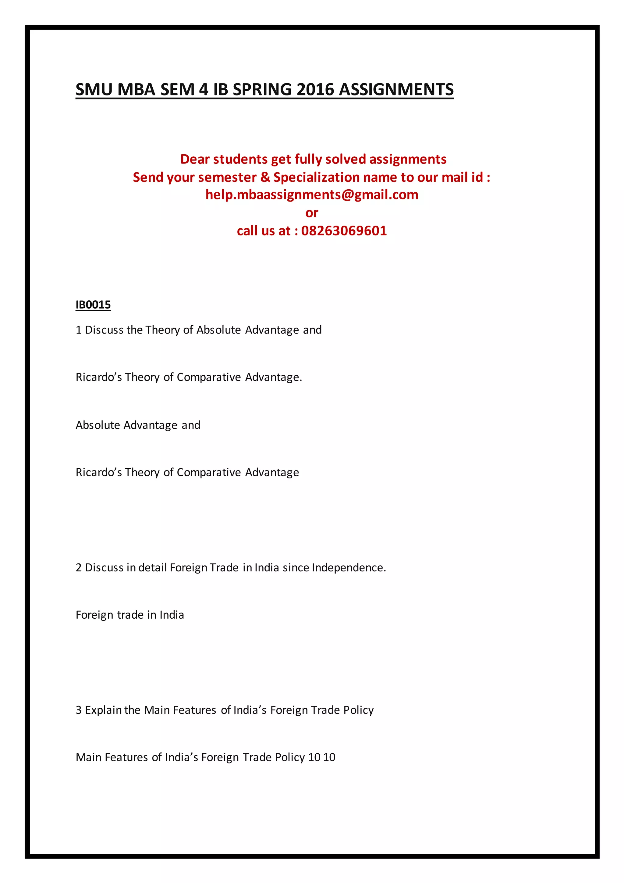 Smu mba sem 4 ib spring 2016 solved assignments | PDF