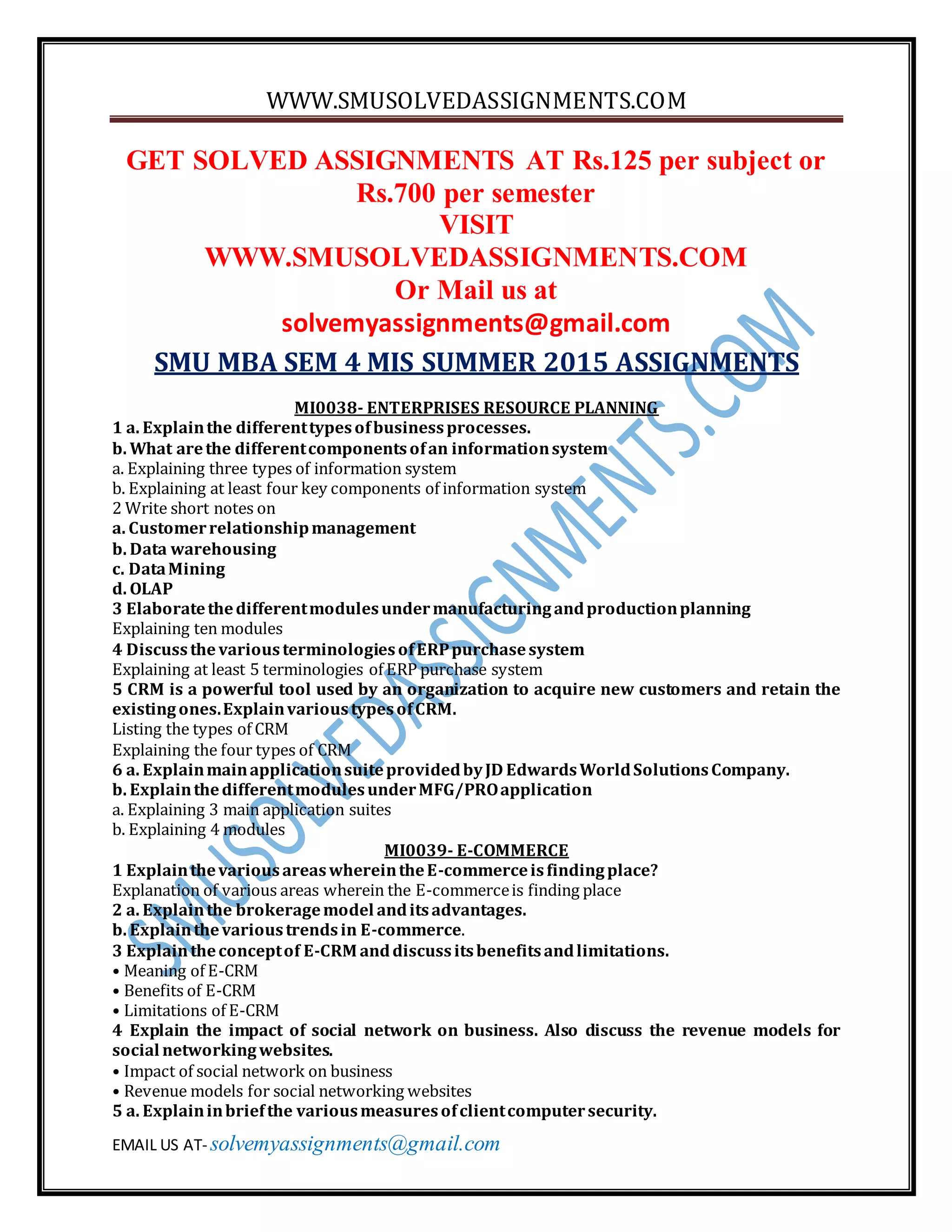 Smu mba sem 4 mis summer 2015 assignments | PDF