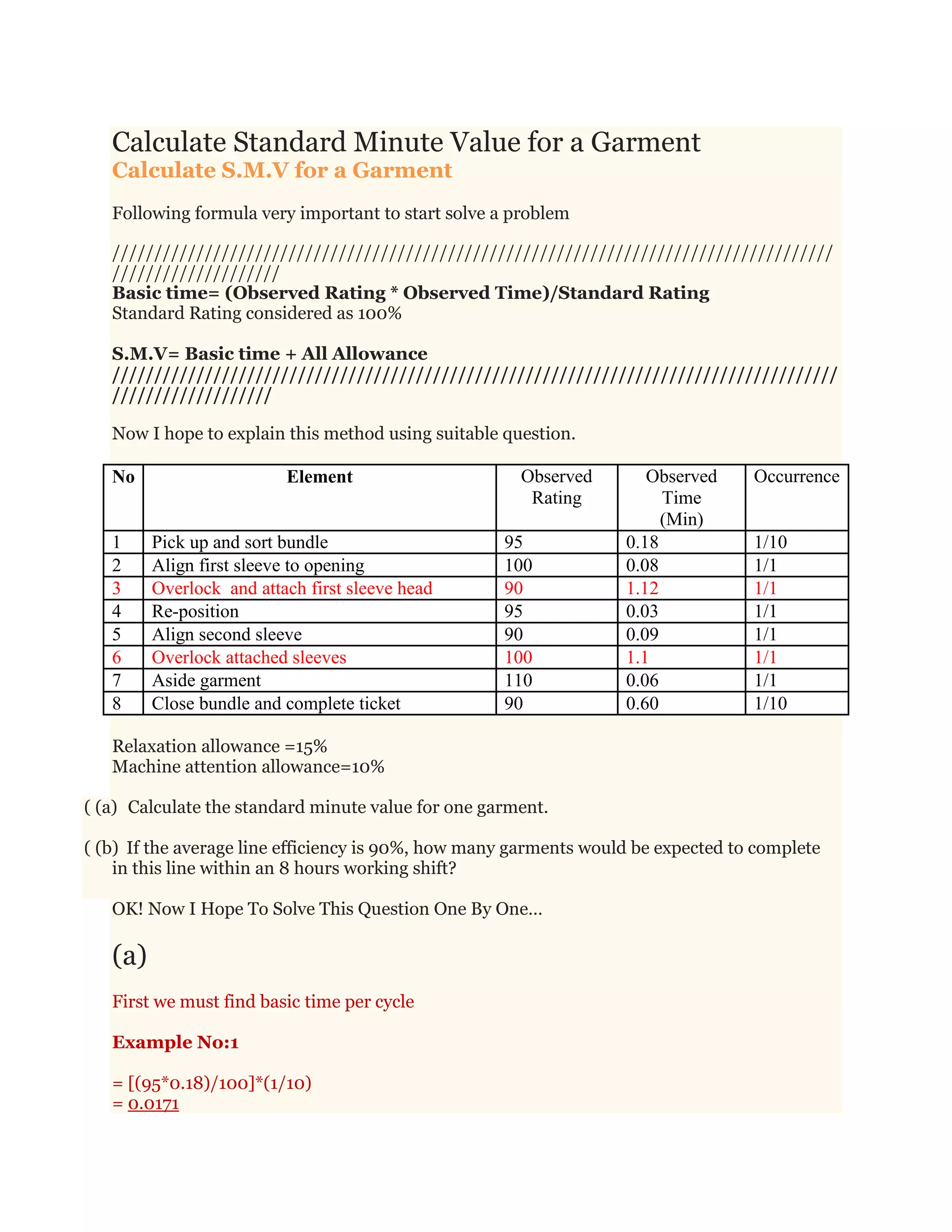 Calculate Standard Minute Value for a Garment | PDF