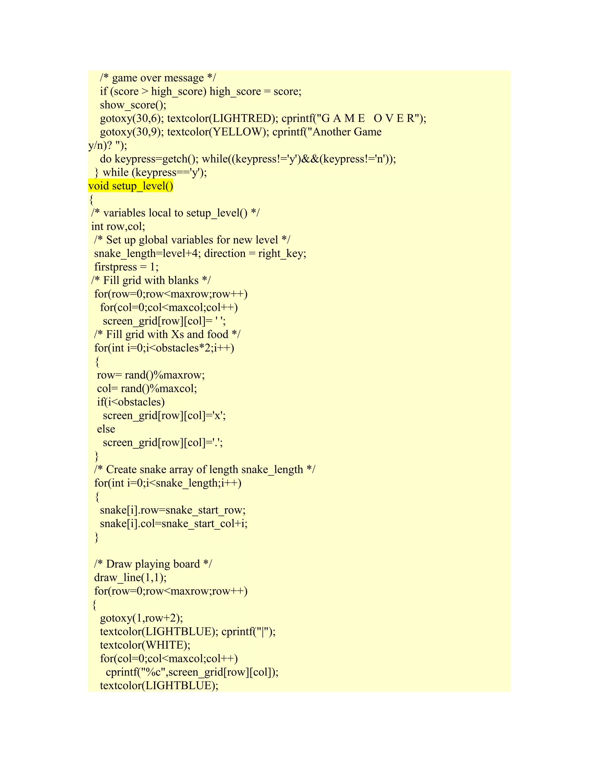 Snake game implementation in c | DOC