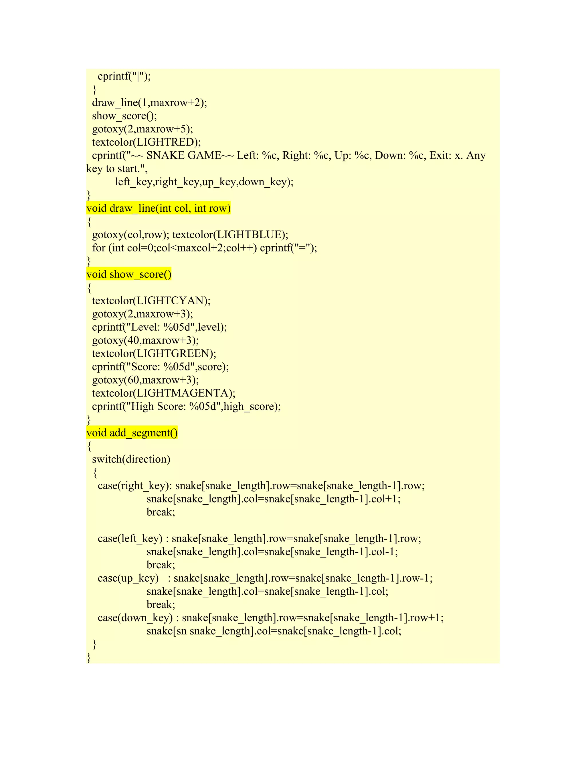 Snake game implementation in c | DOC