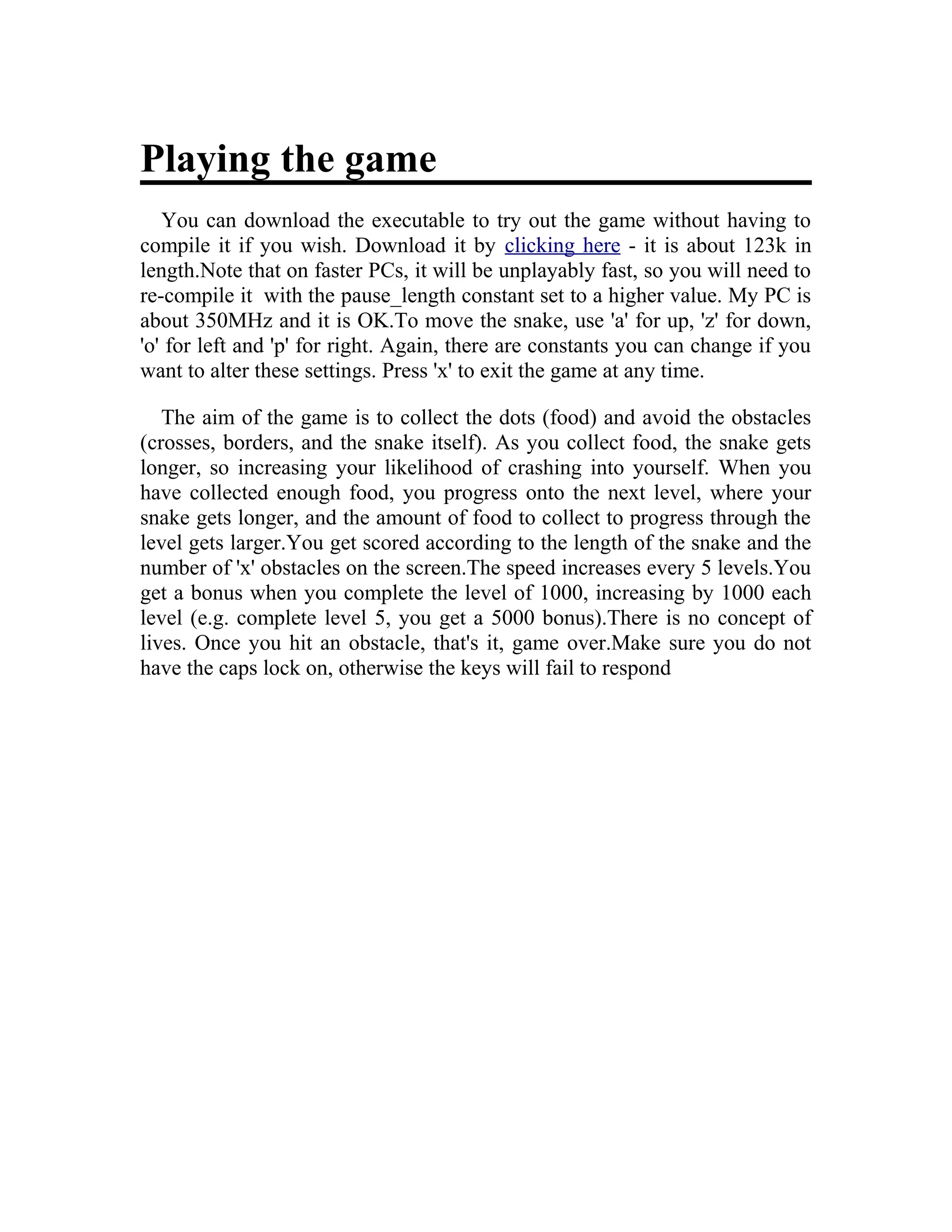 Snake game implementation in c | DOC