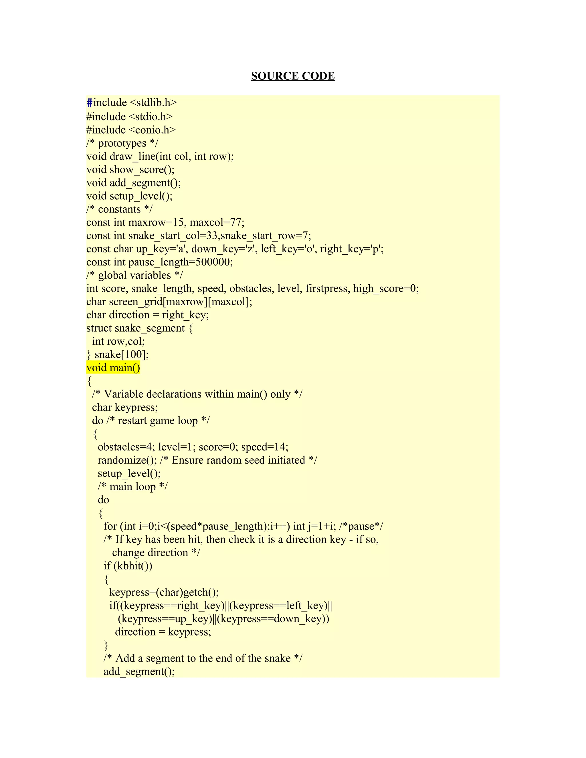 Snake game implementation in c | DOC