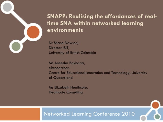 SNAPP: Realising the affordances of real-time SNA within networked learning environments | PPT ...