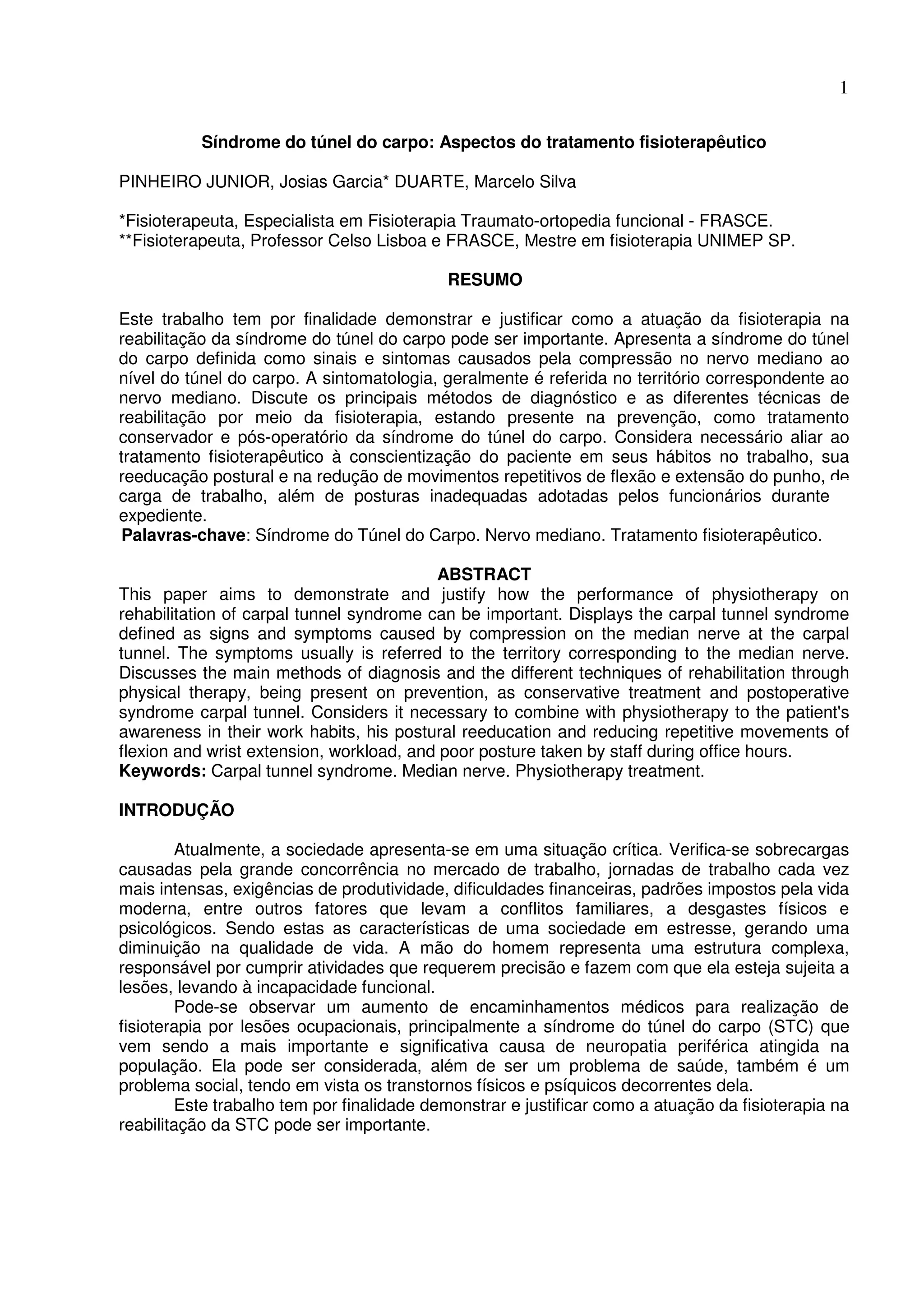 Síndrome do túnel do carpo aspectos do tratamento fisioterapêutico | PDF