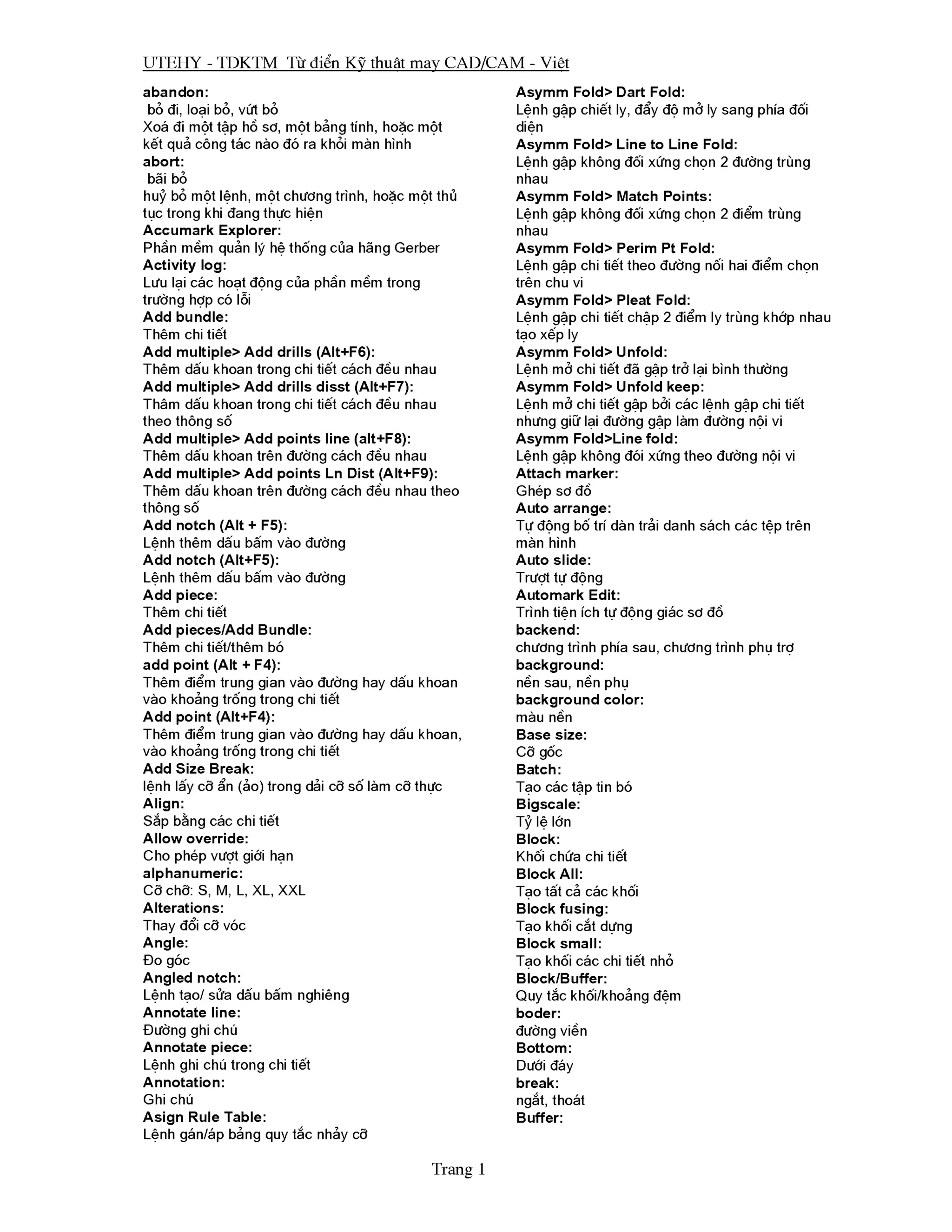 TÁC DỤNG CÁC LỆNH TRONG GERBER ACCUMARK 8.5 | PDF