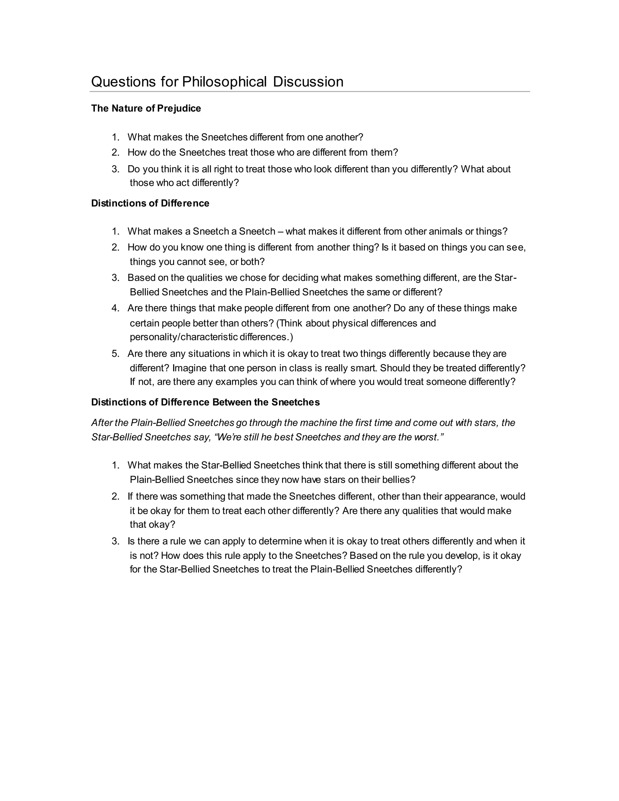 Sneetches questions for philosophical discussion | DOCX
