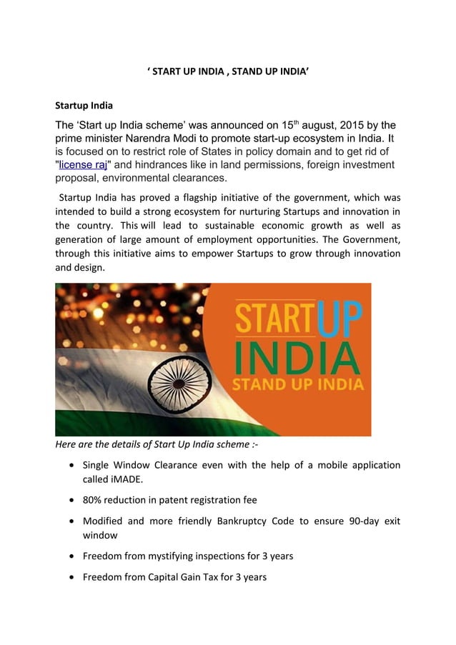 STAND UP INDIA, START UP INDIA | DOC | Business Banking & Finance ...