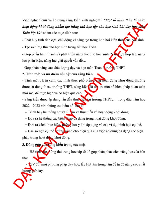 SÁNG KIẾN MỘT SỐ HÌNH THỨC TỔ CHỨC HOẠT ĐỘNG KHỞI ĐỘNG NHẰM TẠO HỨNG THÚ HỌC TẬP CHO HỌC SINH ...