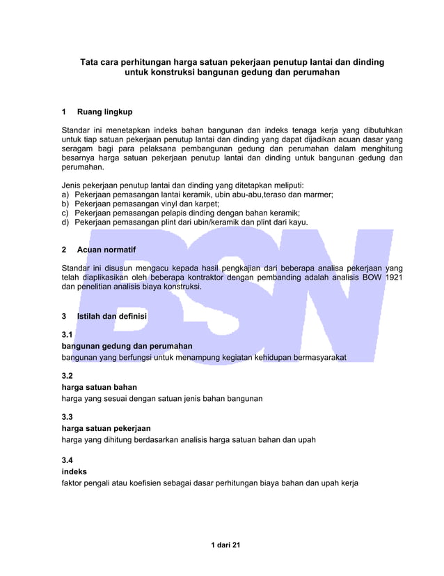 Sni 7395-2008-tata cara perhitungan harga satuan pekerjaan penutup lantai dan dinding untuk ...