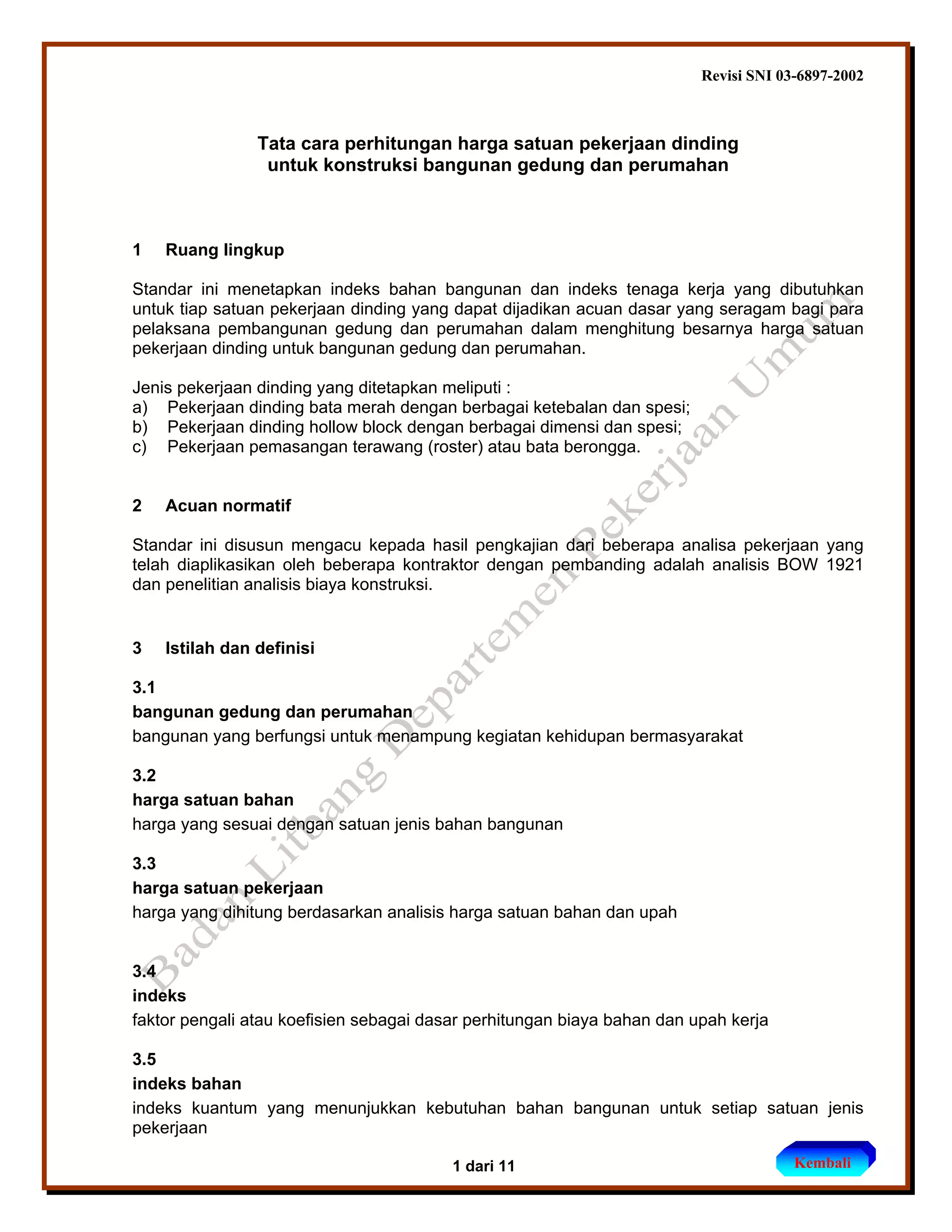 Sni dt-91-0009-2007-tata-cara-perhitungan-harga-satuan-pekerjaan-dinding | PDF