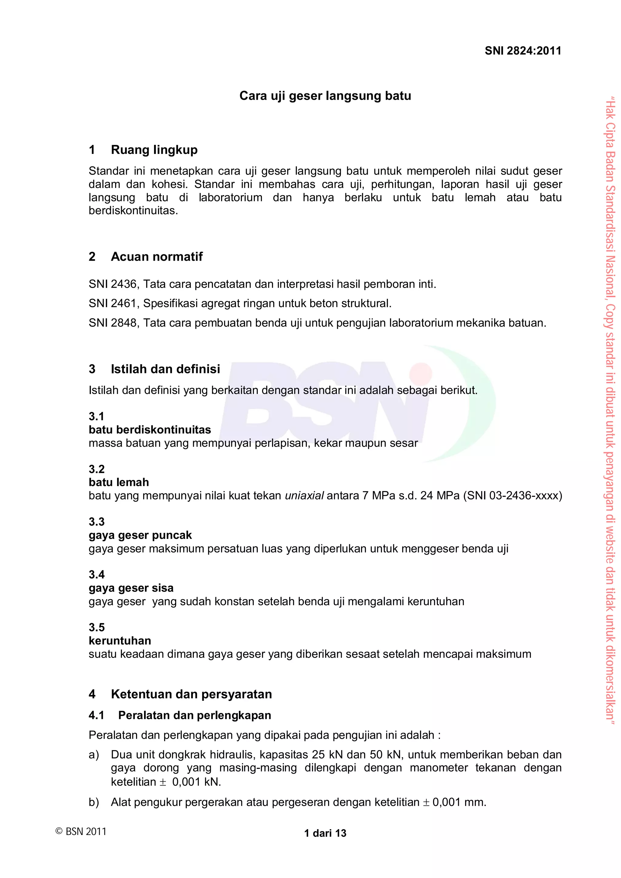 SNI Uji Kuat Geser Batuan | PDF