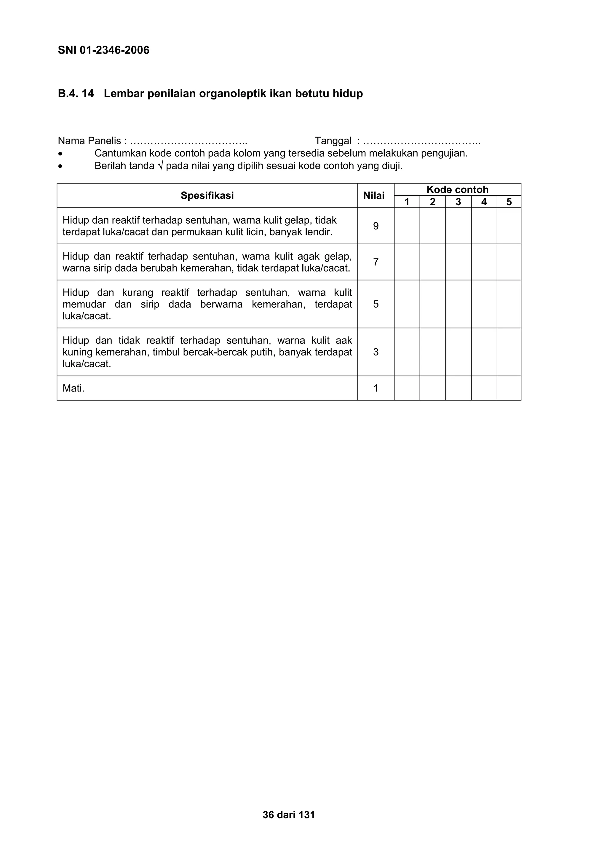 Sni 01 2346-2006 petunjuk pengujian organoleptik dan atau sensori | PDF