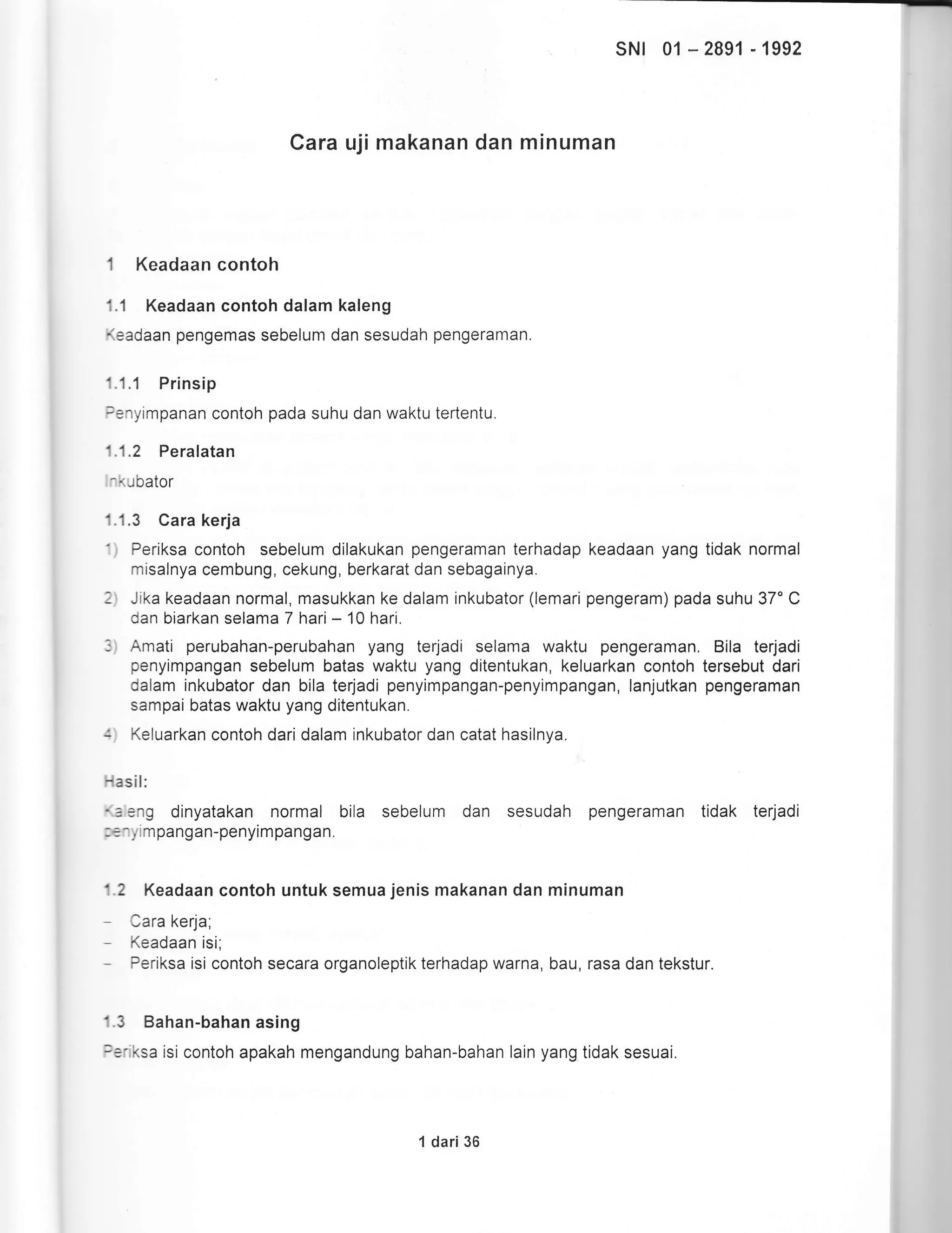 Sni 01 2891-1992 cara uji makanan minuman | PDF