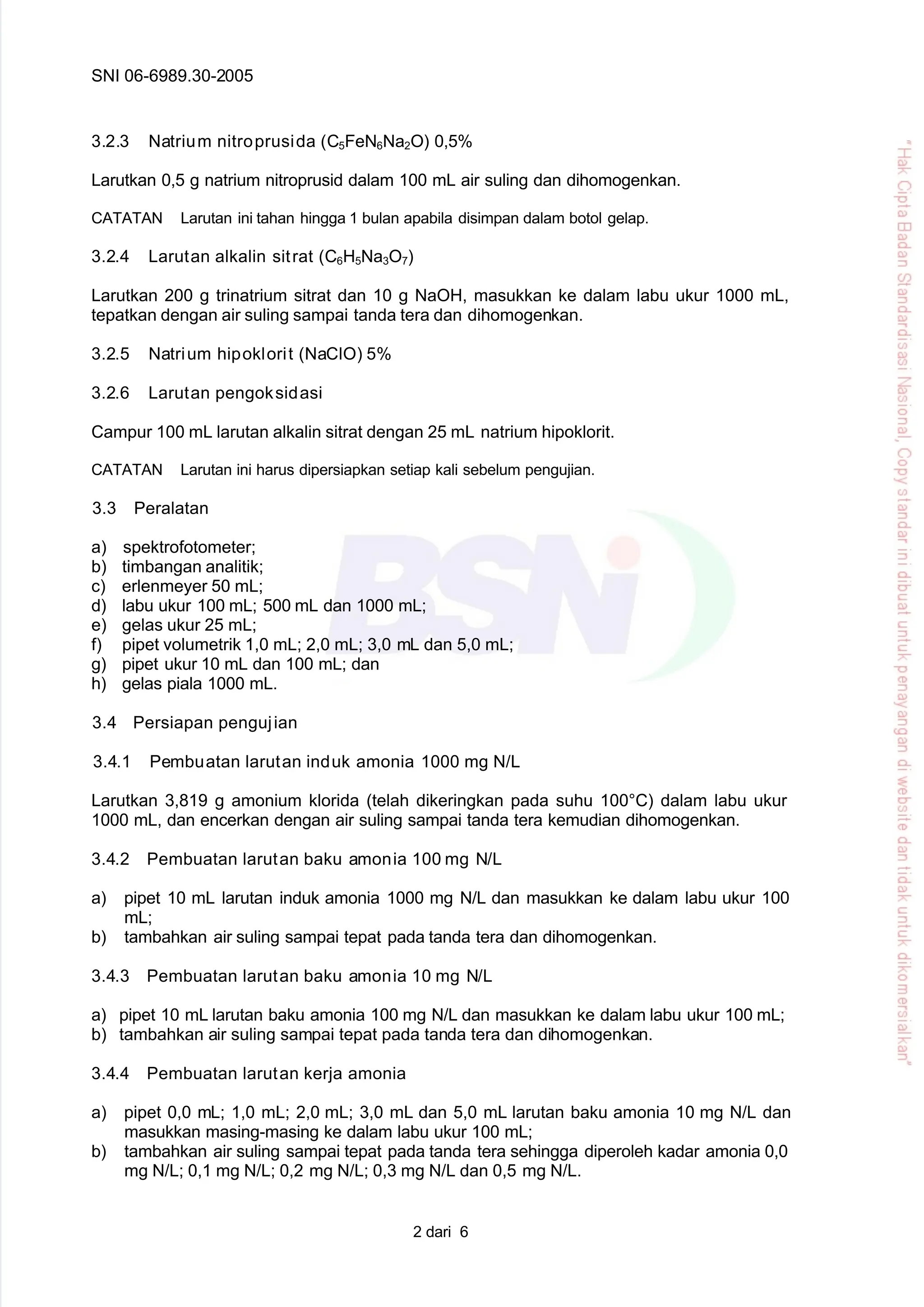 SNI 06-6989.30-2005 (Amoniak) untuk pengujjian air | PDF