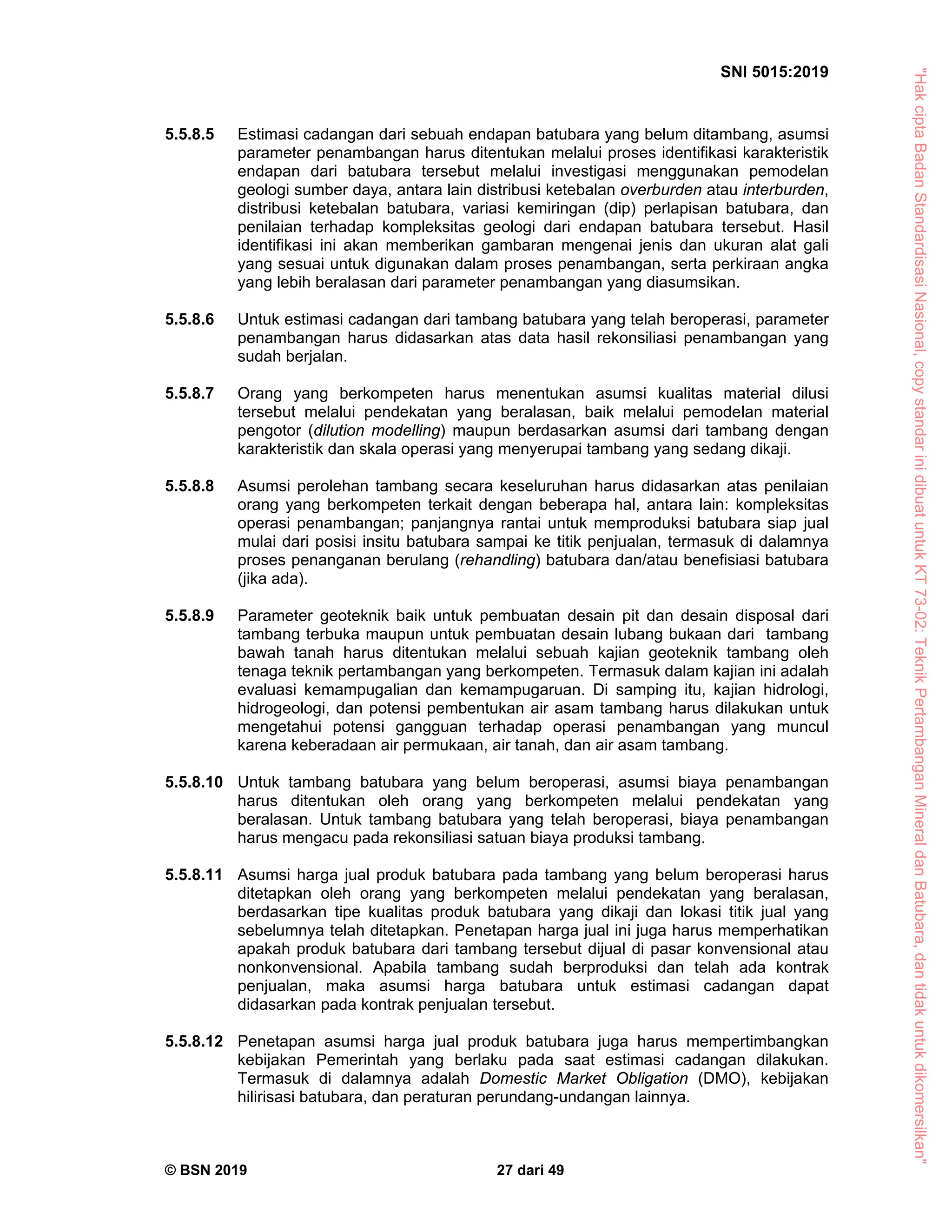 SNI 5015 2019 estimasi sumerdaya dan cadangan batubara | PDF