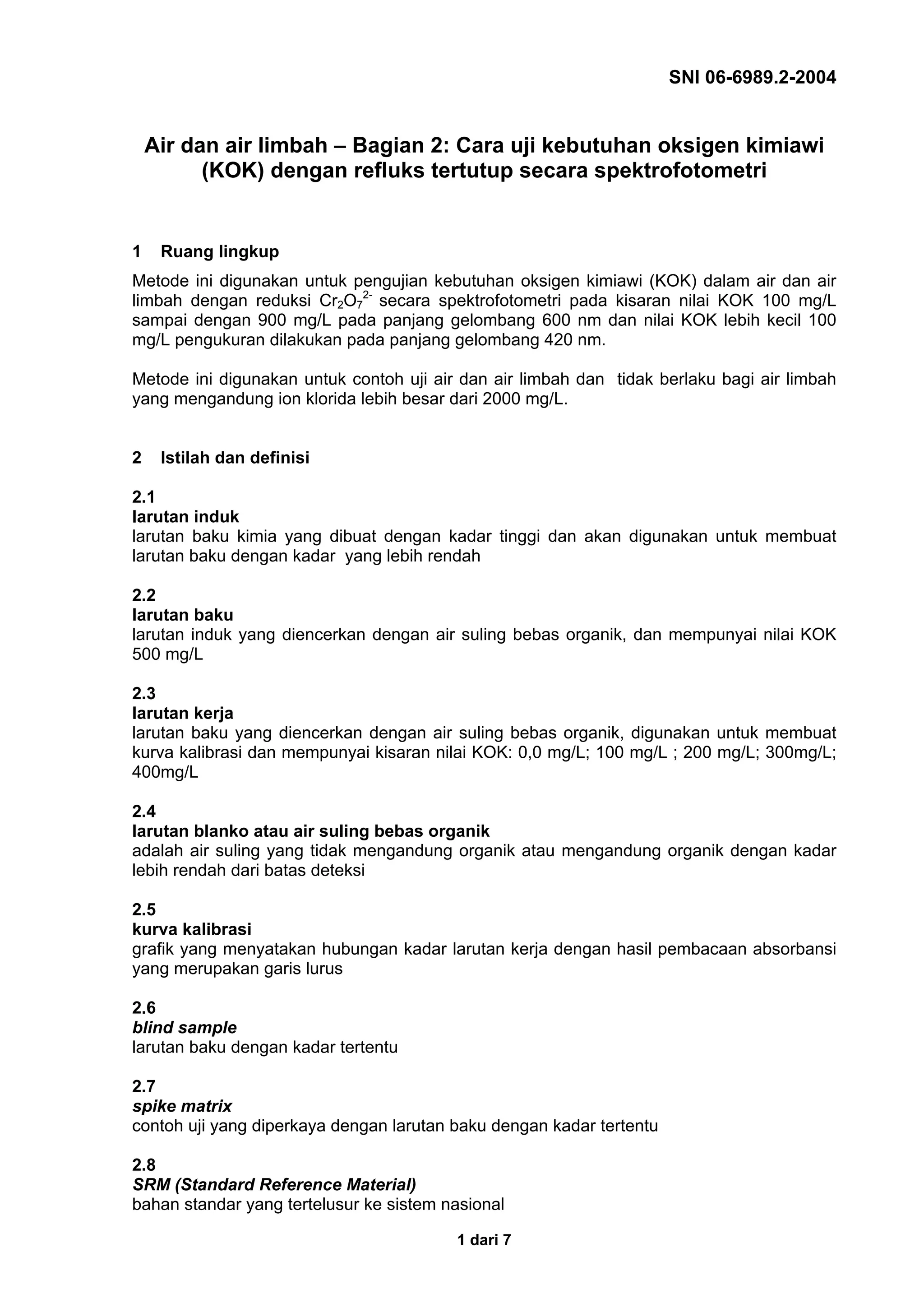 SNI 06-6989.2-2004 tentang Air dan Air Limbah - Bagian 2: Cara Uji ...