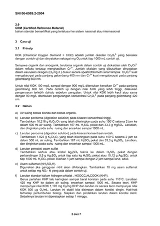 SNI 06-6989.2-2004 tentang Air dan Air Limbah - Bagian 2: Cara Uji Kebutuhan Oksigen Kimiawi ...