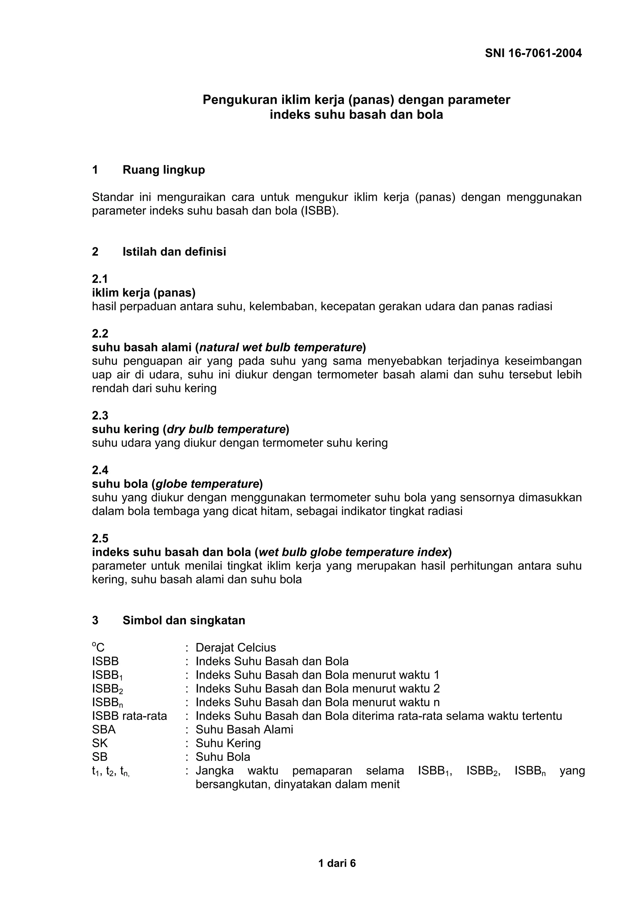 SNI 16-7061-2004 tentang Pengukuran Iklim Kerja (Panas) dengan ...