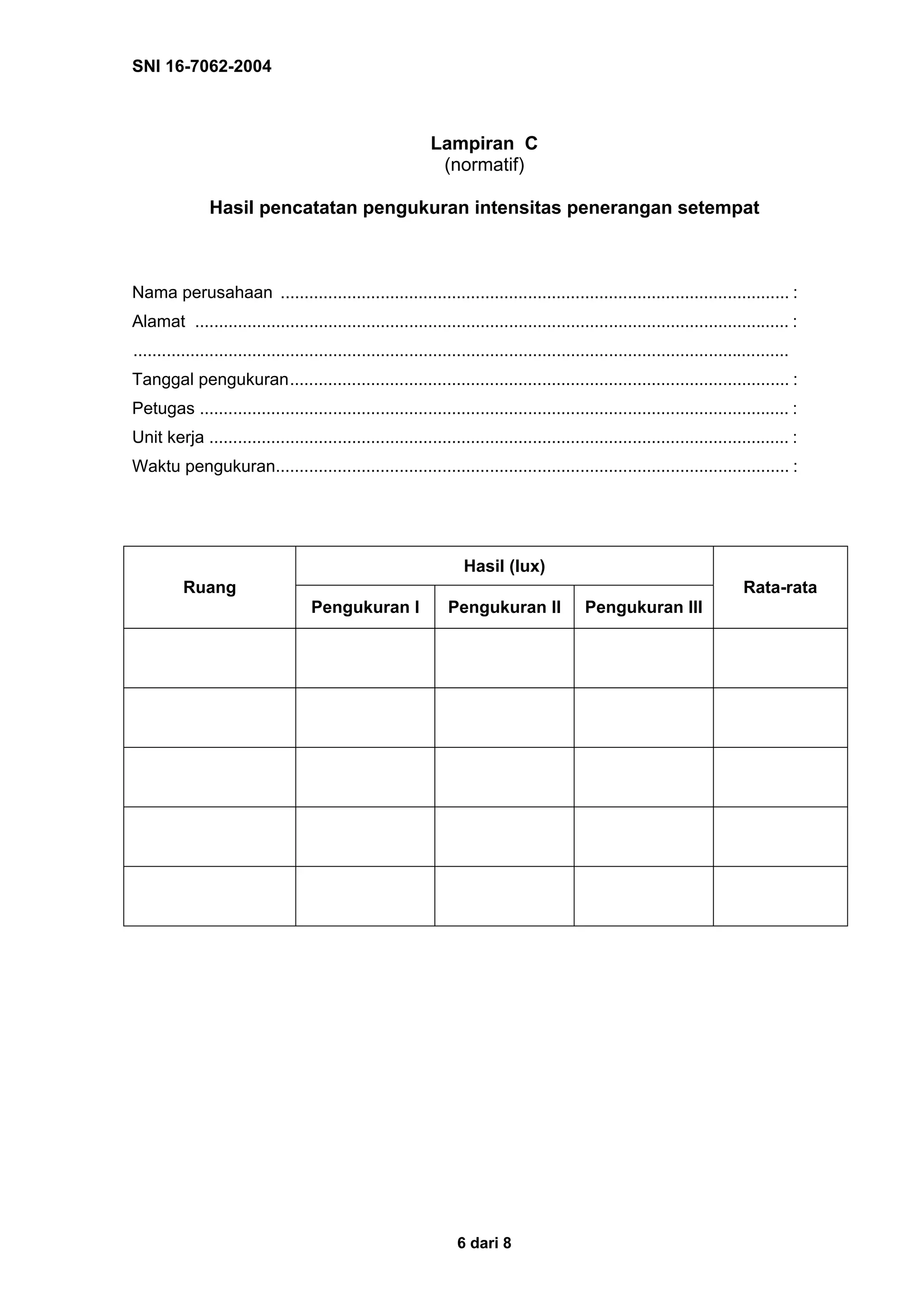 SNI 16-7062-2004 tentang Pengukuran Intensitas Penerangan di Tempat Kerja | PDF