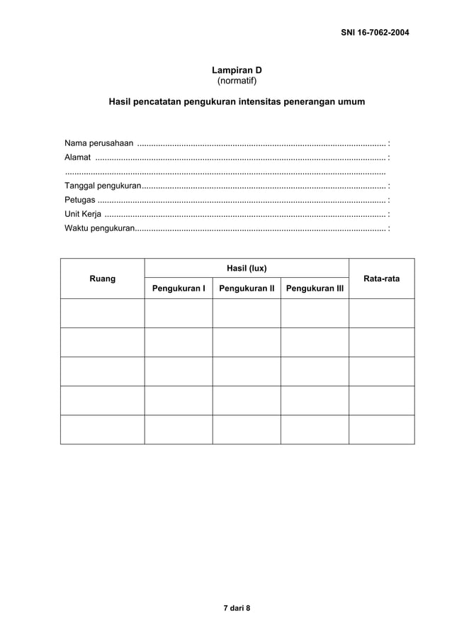SNI 16-7062-2004 tentang Pengukuran Intensitas Penerangan di Tempat Kerja | PDF