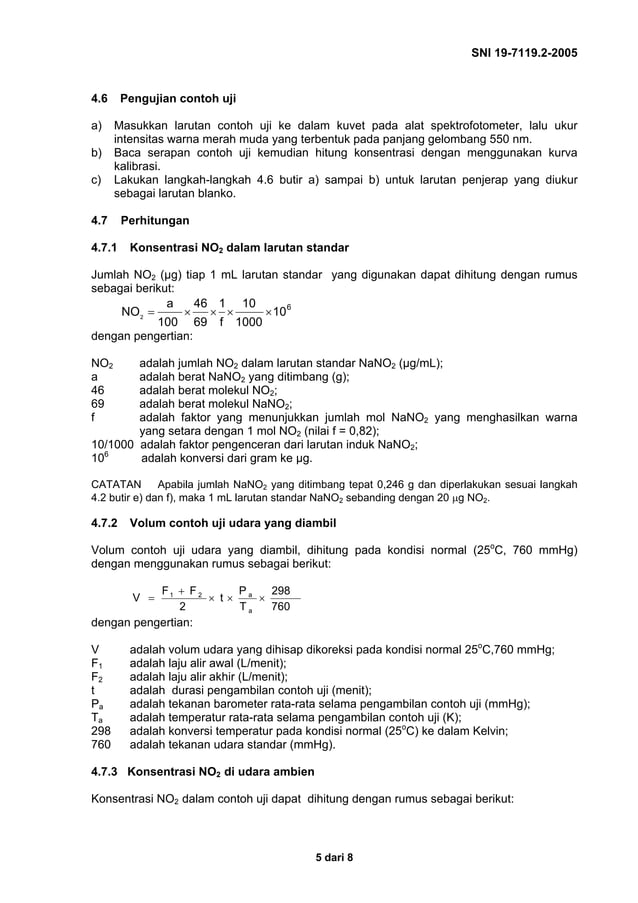 SNI 19-7119.2-2005 tentang Udara Ambien - Bagian 2: Cara Uji Kadar Nitrogen Dioksida (NO2 ...
