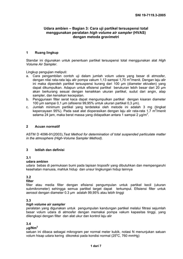 SNI 19-7119.3-2005 tentang Udara Ambien - Bagian 3: Cara Uji Partikel ...