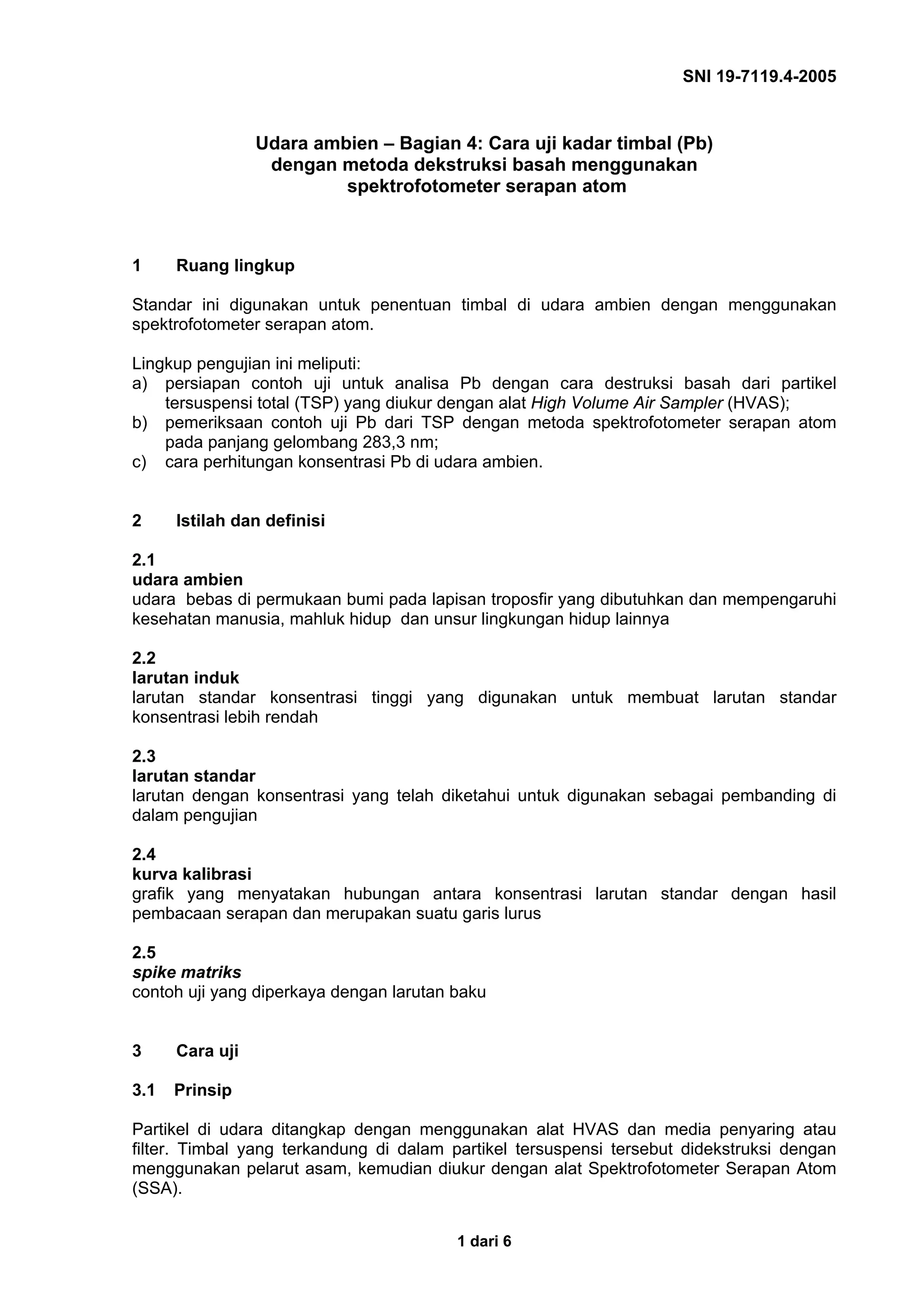 SNI 19-7119.4-2005 tentang Udara Ambien - Bagian 4: Cara Uji Kadar ...