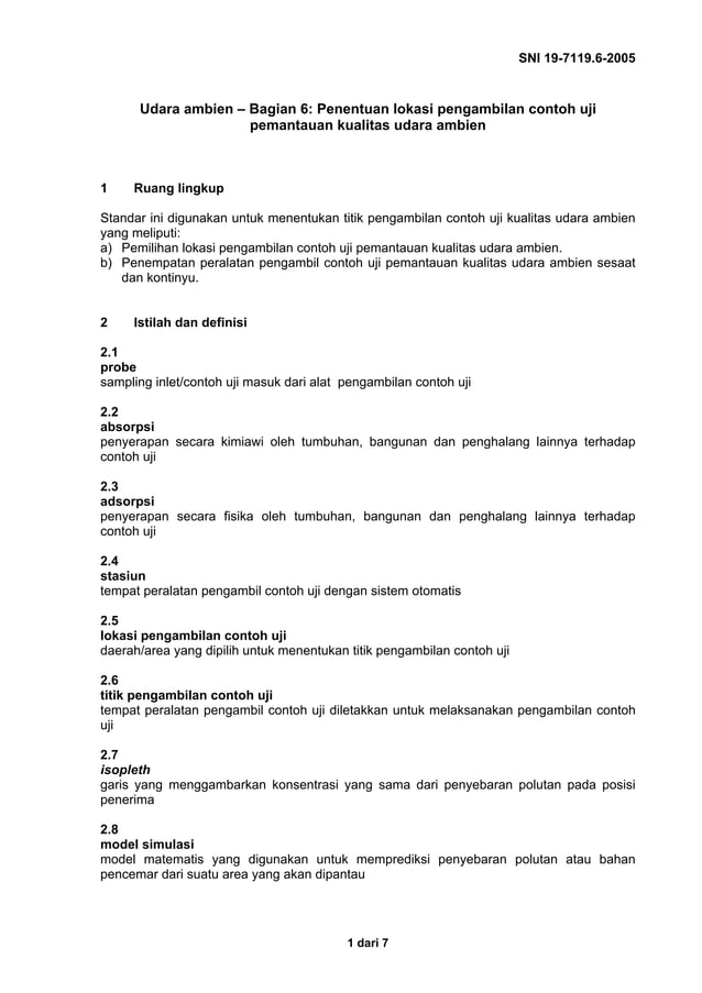SNI 19-7119.6-2005 tentang Udara Ambien - Bagian 6: Penentuan Lokasi Pengambilan Contoh Uji ...
