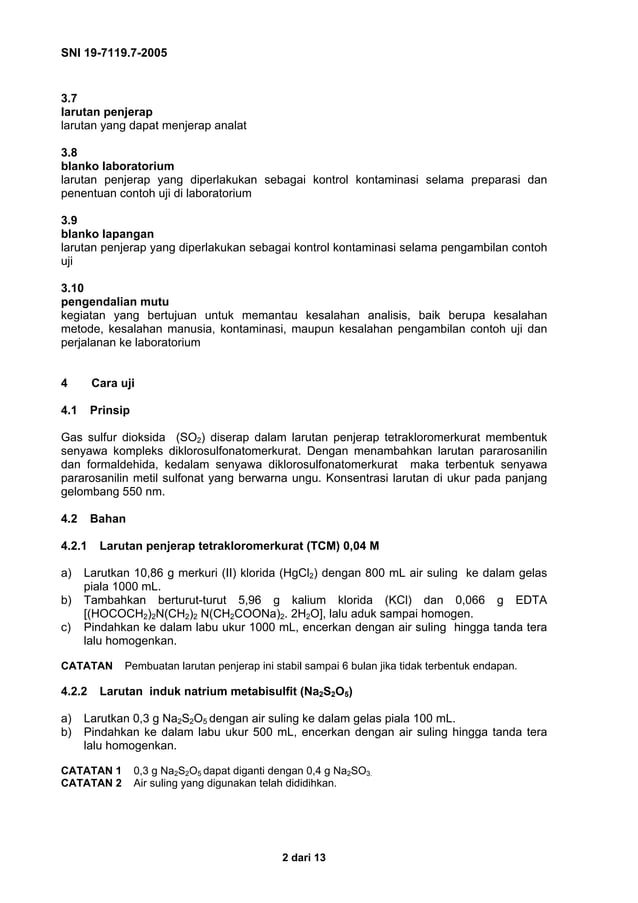 SNI 19-7119.7-2005 tentang Udara Ambien - Bagian 7: Cara Uji Kadar Sulfur Dioksida (SO2) dengan ...