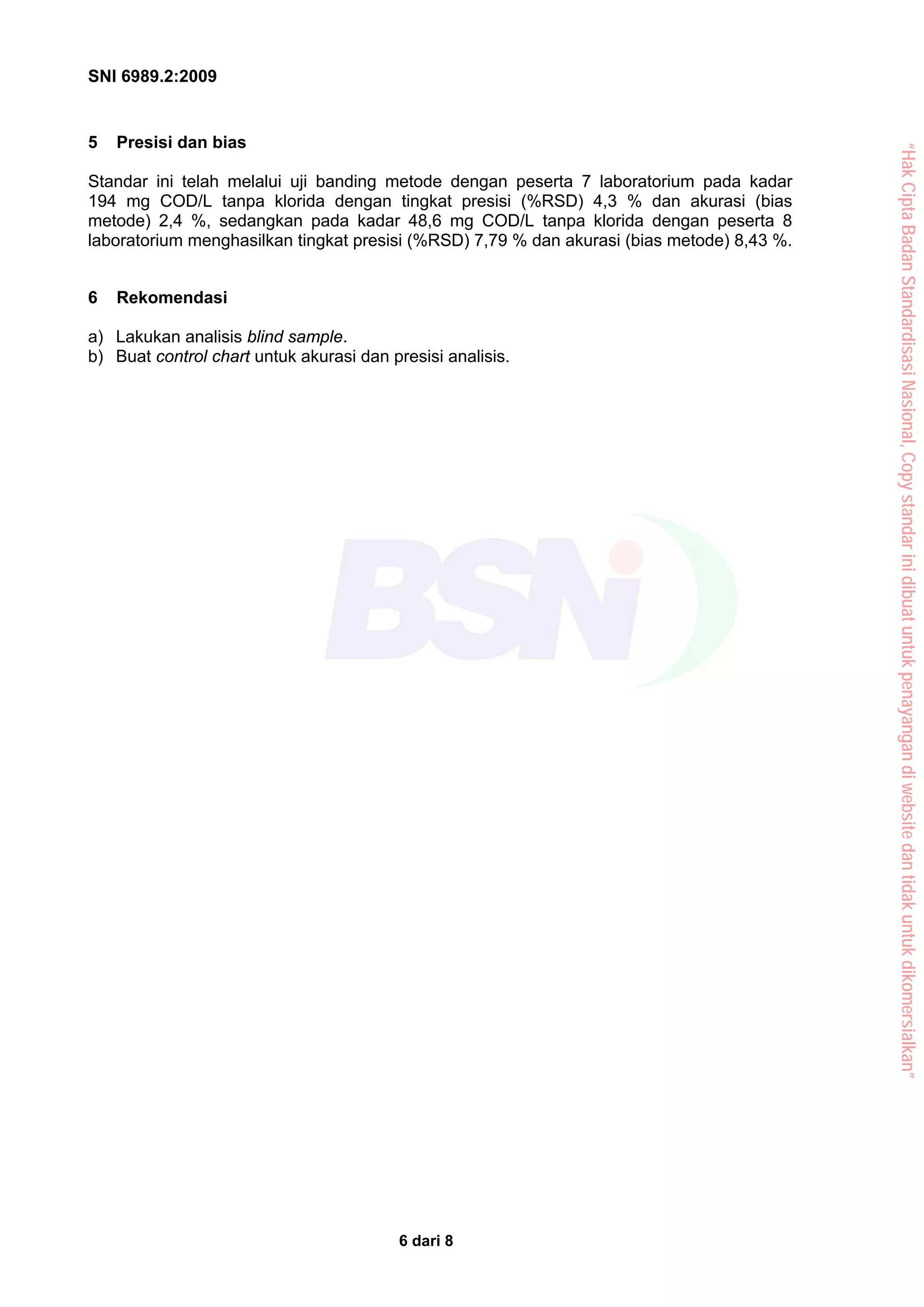 SNI 6989.2:2009 tentang Air dan Air Limbah - Bagian 2: Cara Uji Kebutuhan Oksigen Kimiawi ...