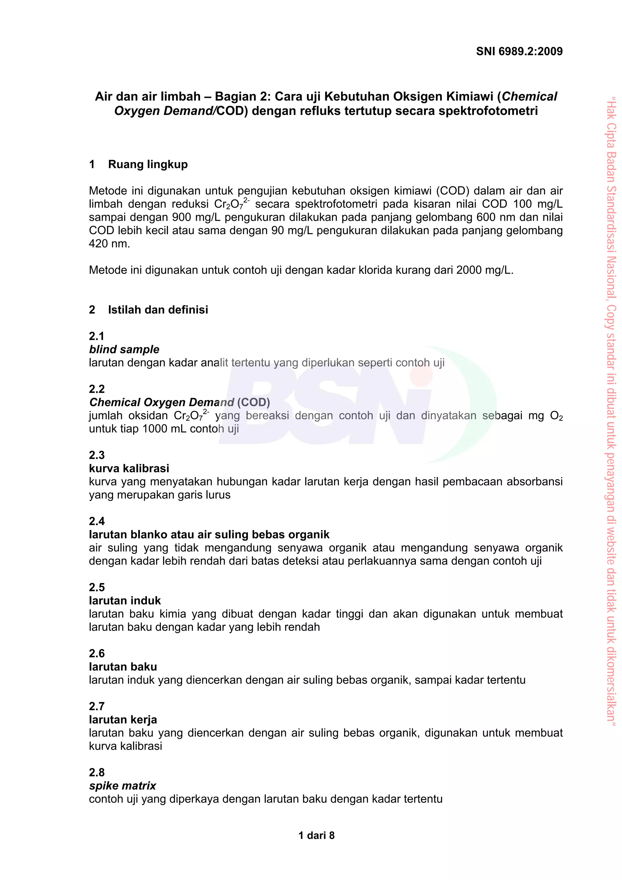 SNI 6989.2:2009 tentang Air dan Air Limbah - Bagian 2: Cara Uji Kebutuhan Oksigen Kimiawi ...