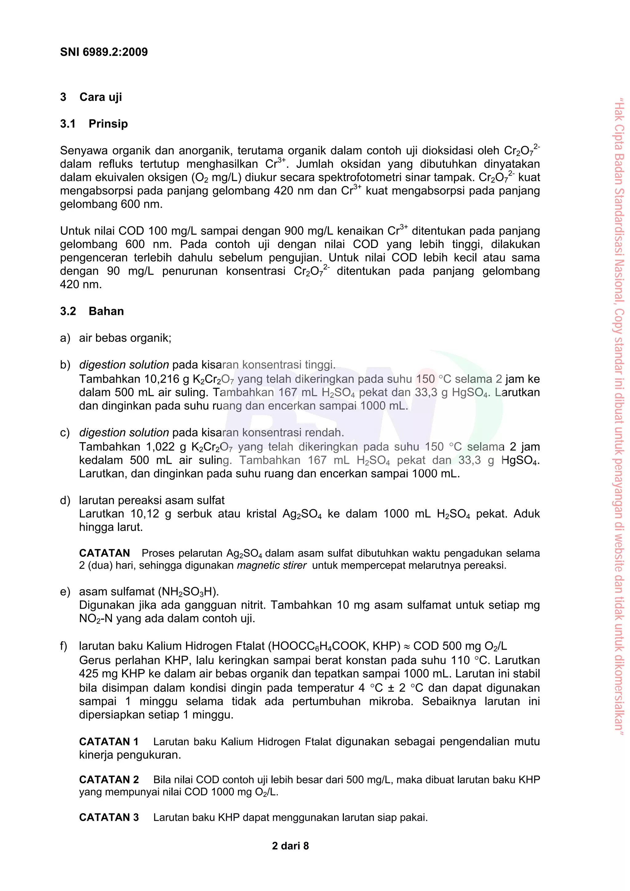 SNI 6989.2:2009 tentang Air dan Air Limbah - Bagian 2: Cara Uji Kebutuhan Oksigen Kimiawi ...